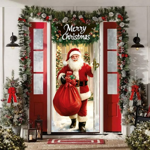35x71 Inch Santa Claus Christmas Door Cover - Polyester Holiday Decor ...
