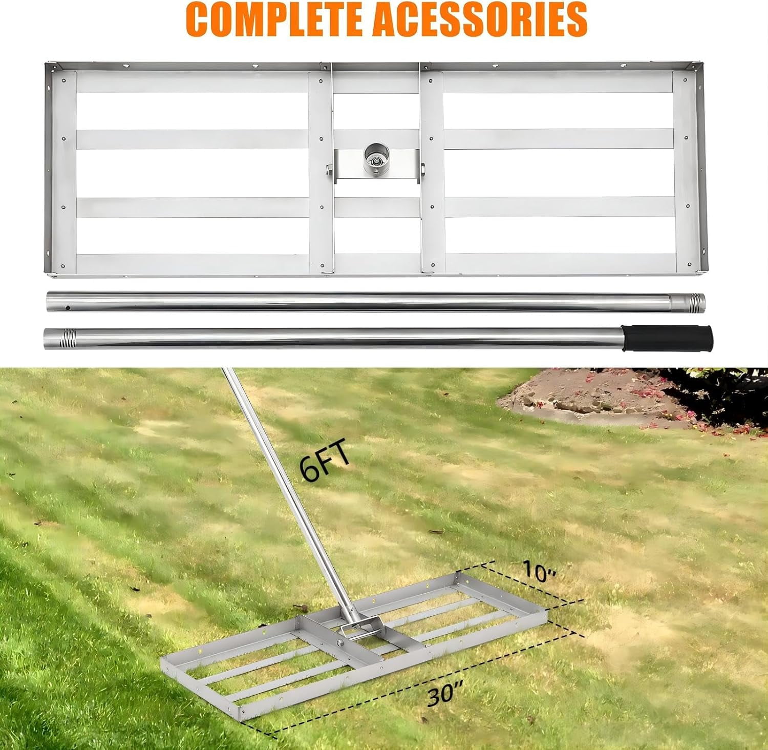 36"×10" Lawn Leveling Rake, Stainless Steel Leveler Rake 180 ° Flexible ...