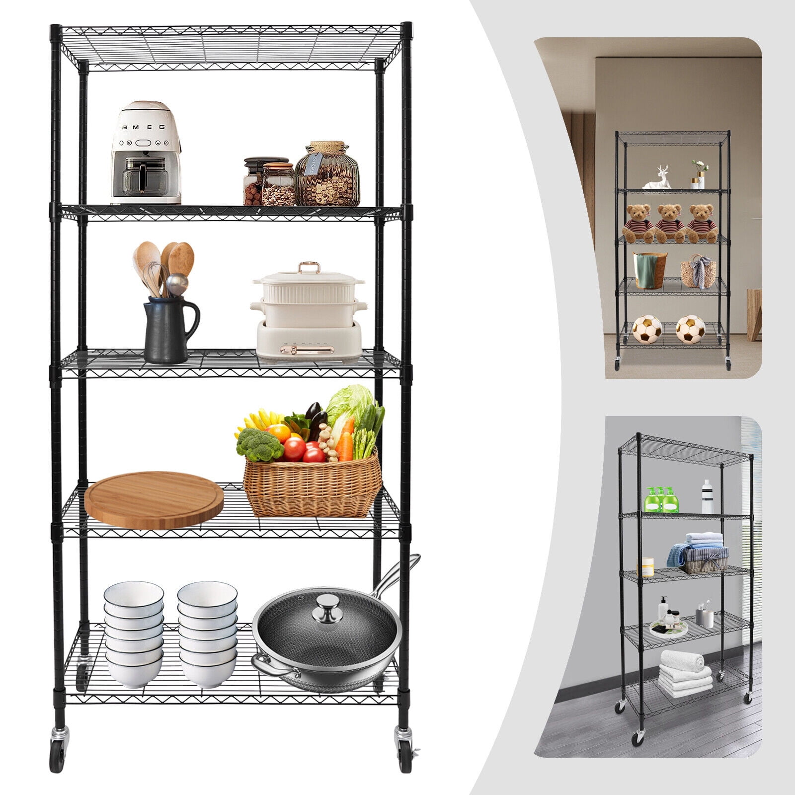 36*16*75in 5 Tier Storage Shelf Adjustable Wire Shelving with Wheels ...
