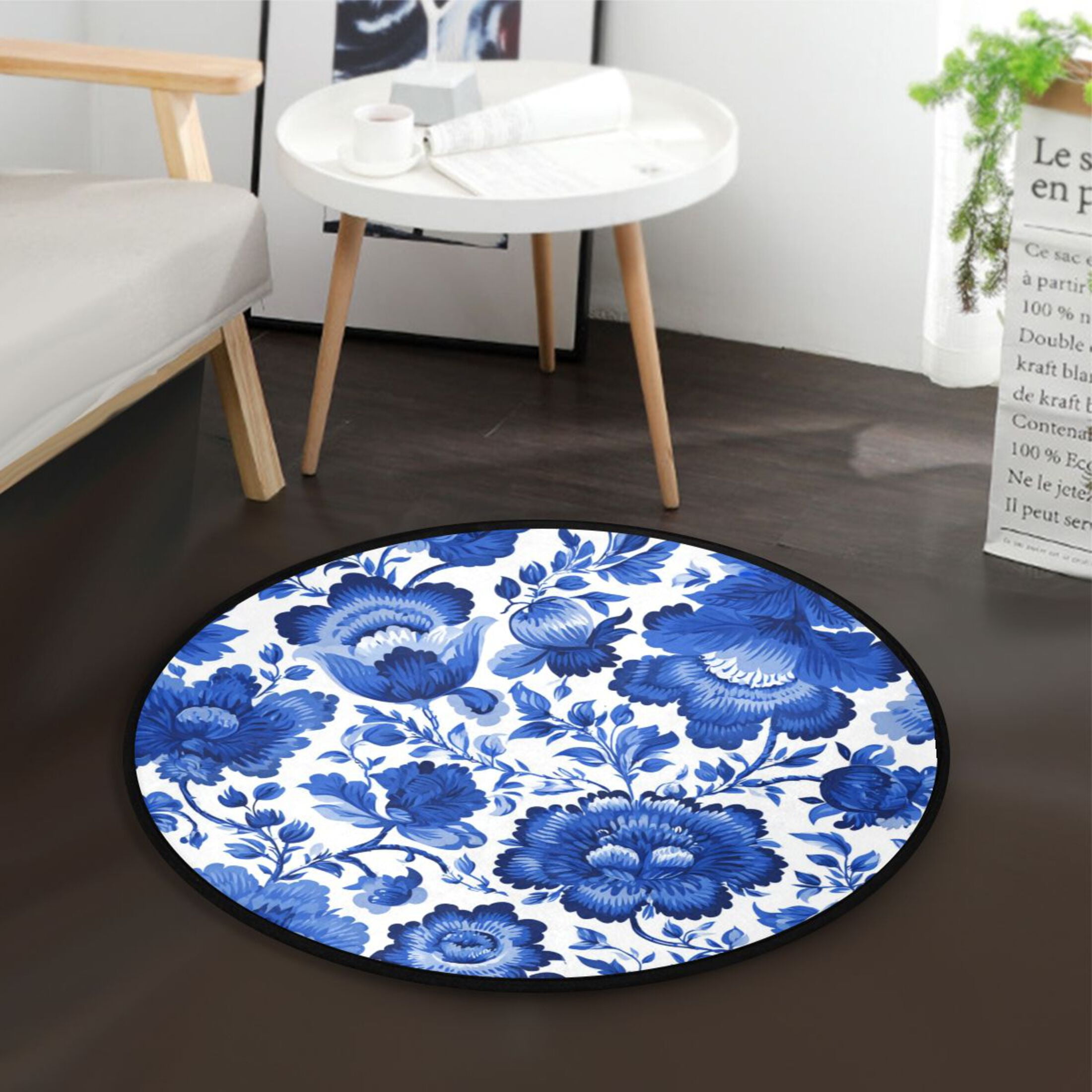 36.2 Inch Round Floor Mat Blue Floral Pattern Carpet Decor Rug for ...