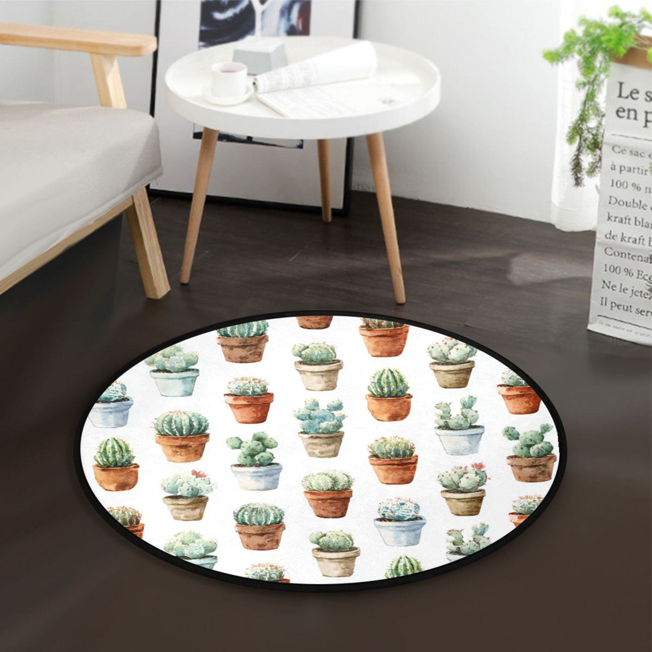 36.2 Inch Round Floor Mat Cactus in Pots Pattern Carpet Decor Rug for ...