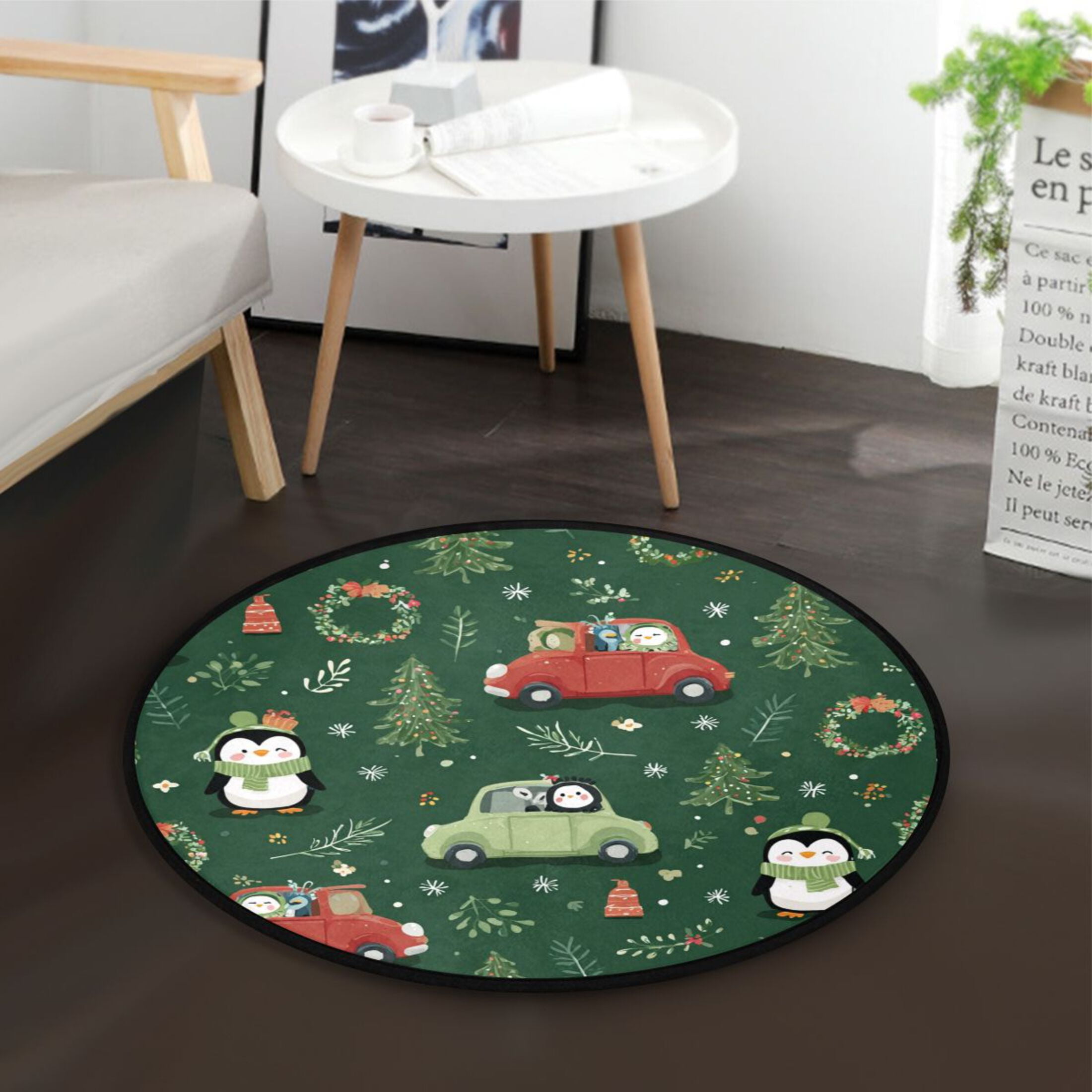 36.2 Inch Round Floor Mat Christmas Penguins and Cars Pattern Carpet ...