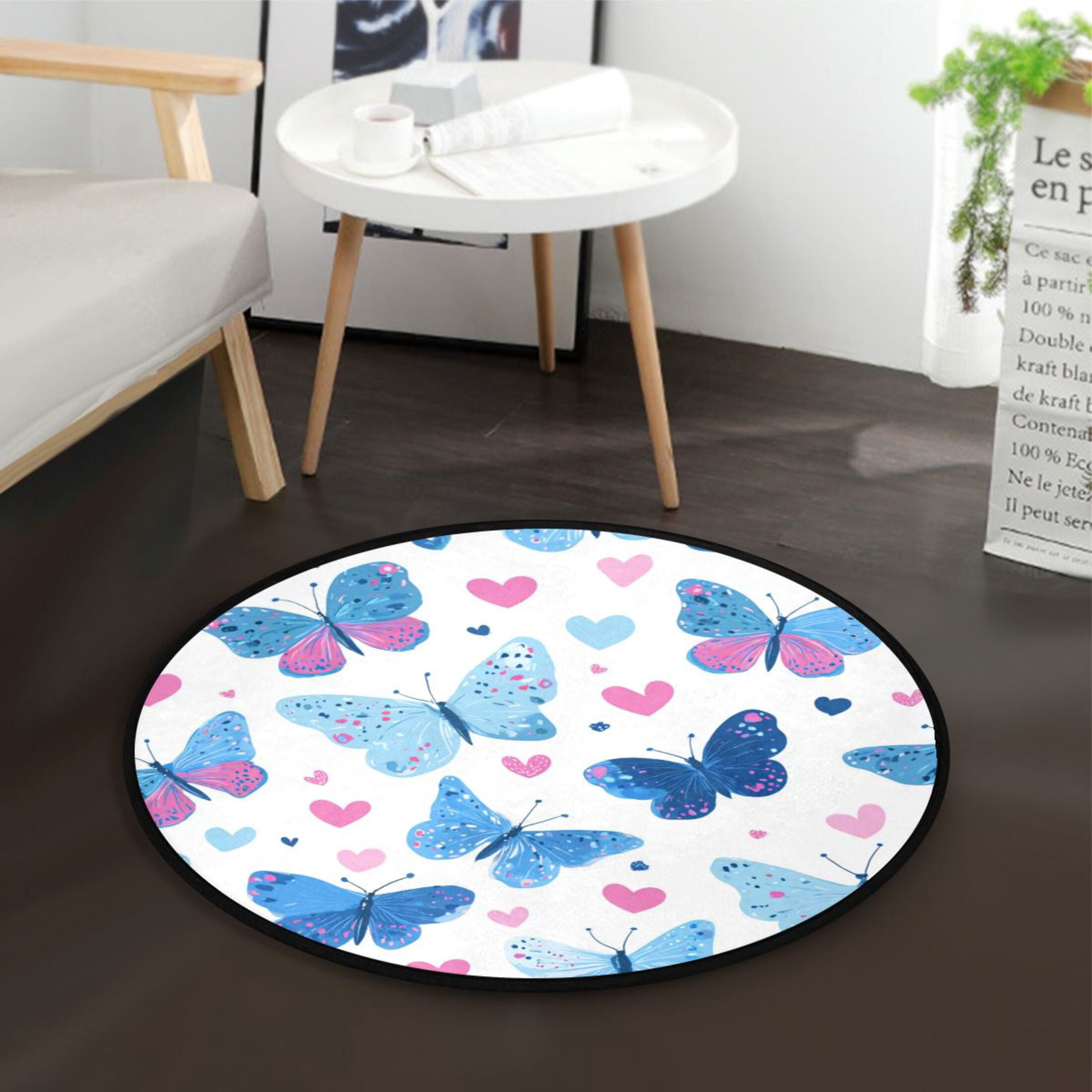 36.2 Inch Round Floor Mat Cute Butterflies and Hearts Pattern Carpet ...