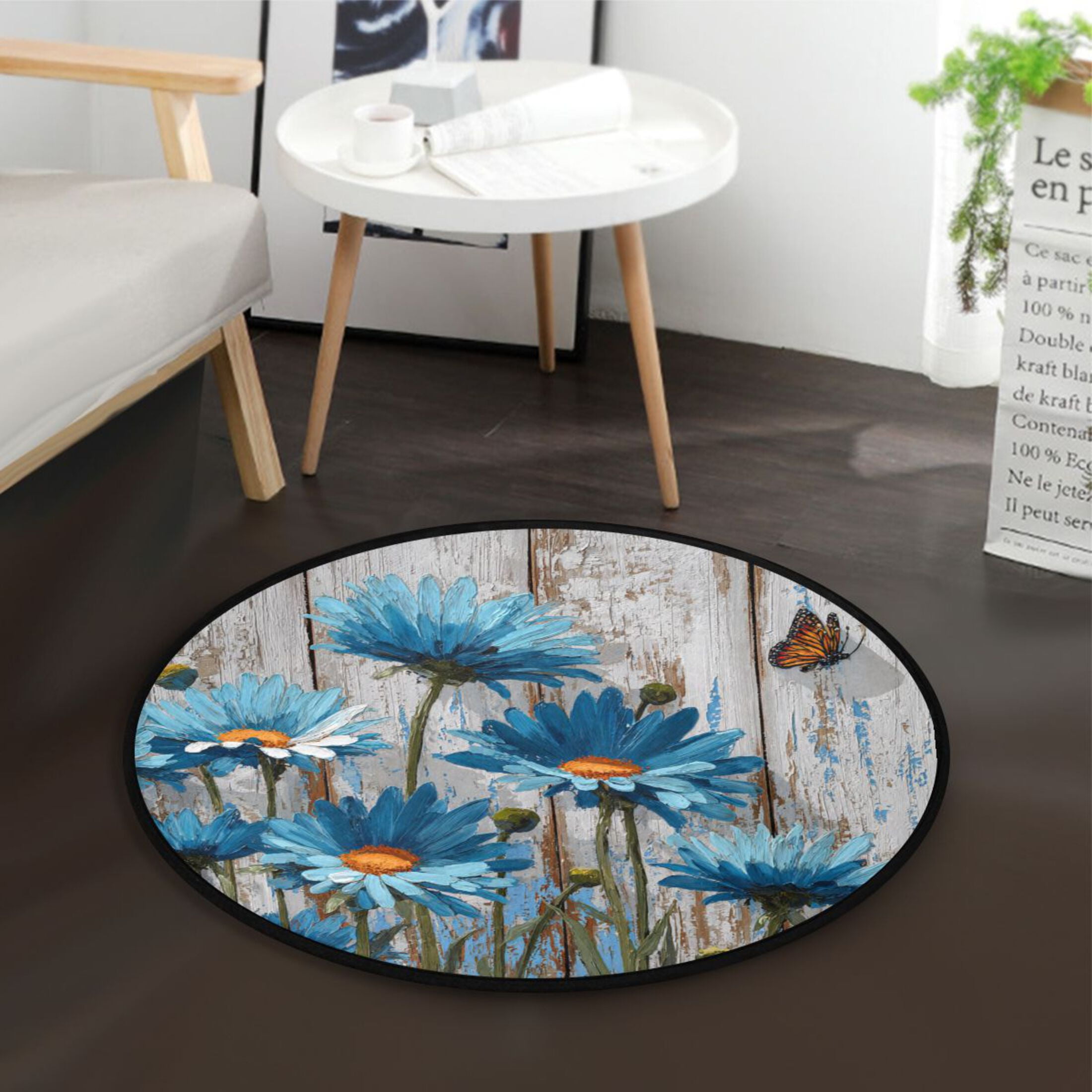 36.2 Inch Round Floor Mat Cyan Daisy Flowers Carpet Decor Rug for ...