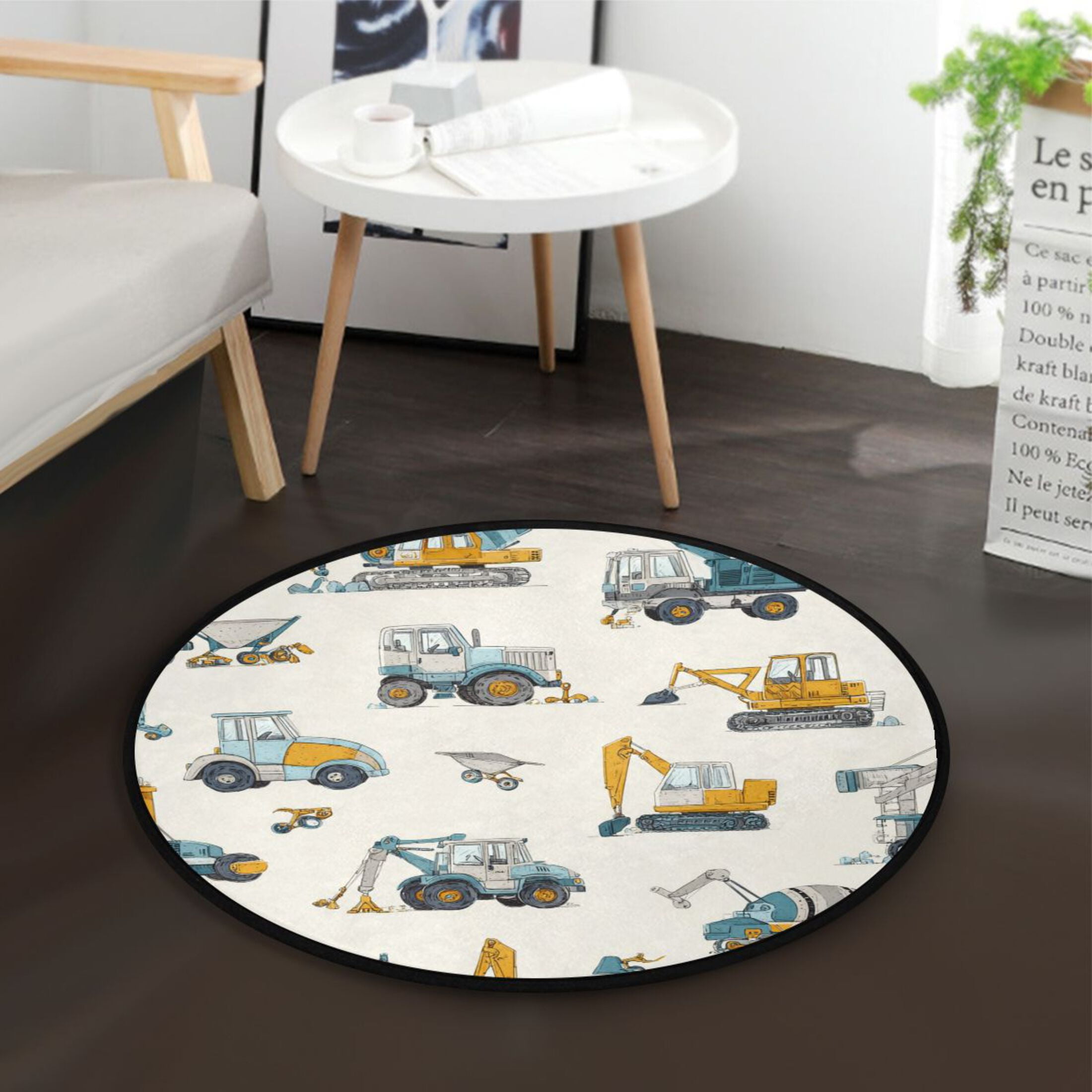 36.2 Inch Round Floor Mat Engineering Vehicle Pattern Carpet Decor Rug ...
