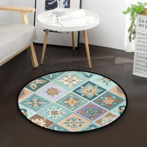 36.2 Inch Round Floor Mat Intricate Blue Shape Carpet Decor Rug for ...