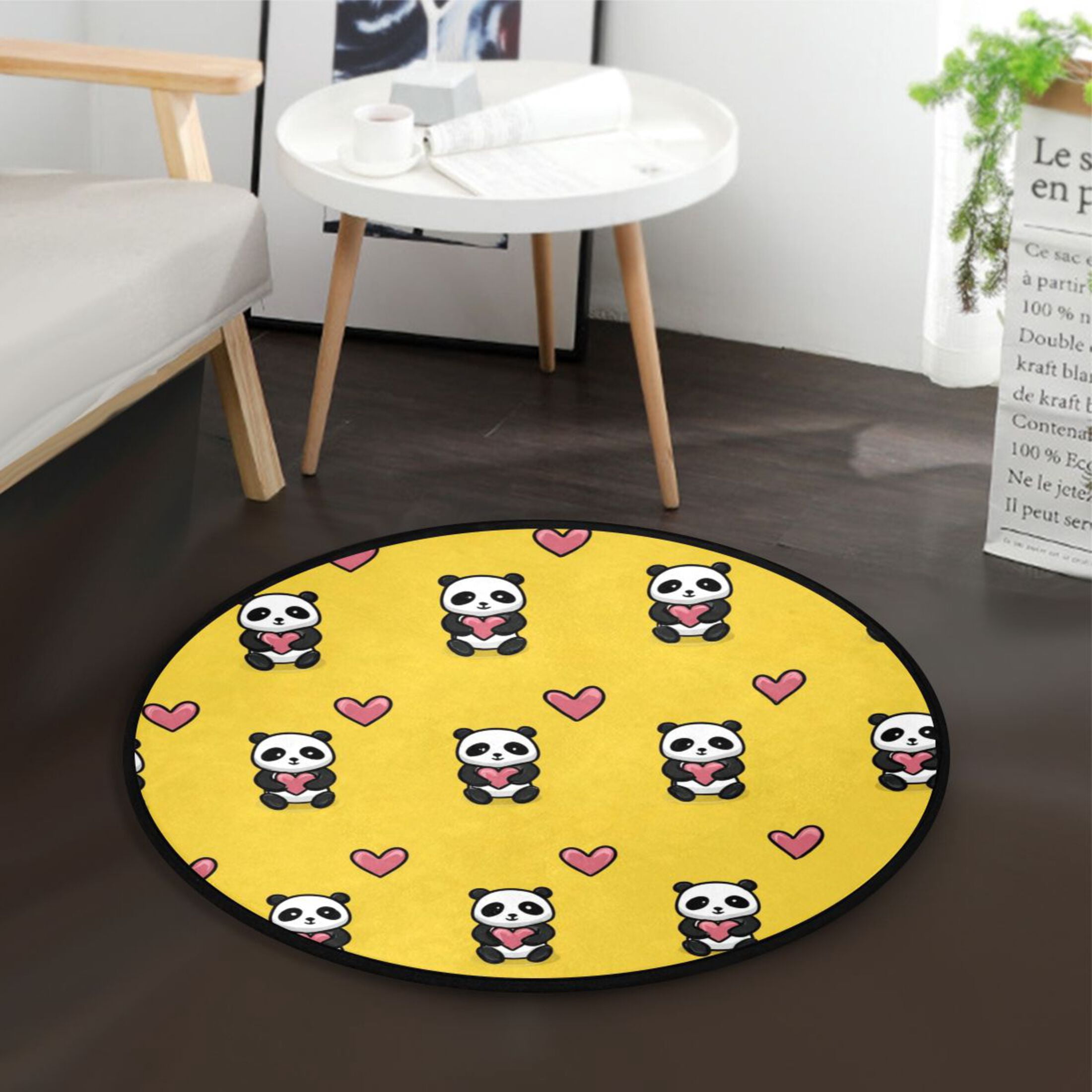 36.2 Inch Round Floor Mat Panda Cartoon with Heart Pattern Carpet Decor ...