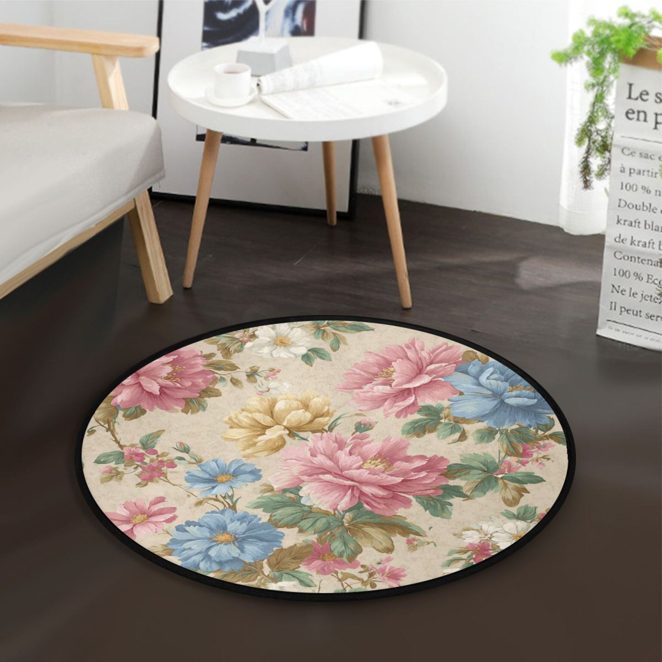 36.2 Inch Round Floor Mat Pastel Pink and Blue Floral Carpet Decor Rug ...