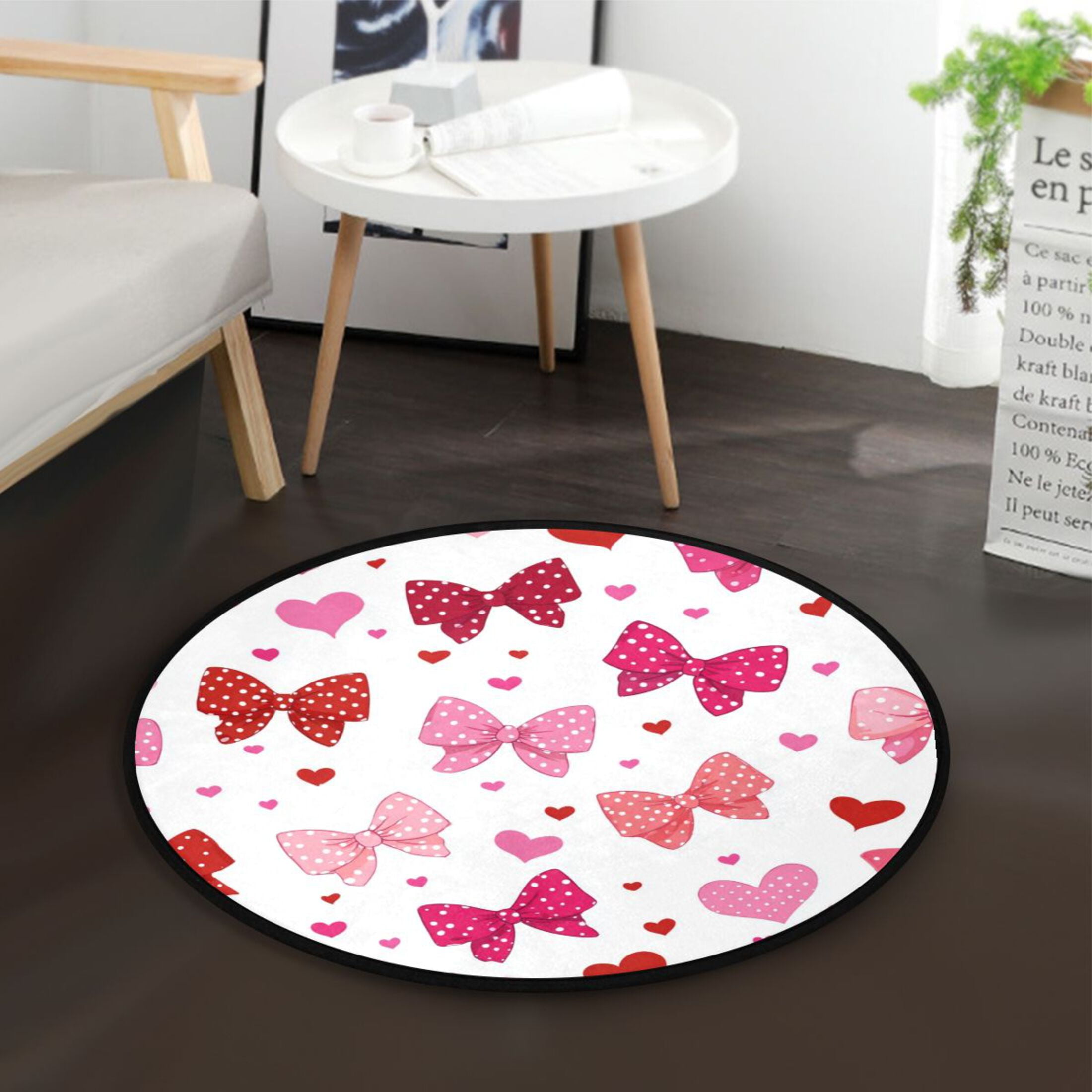 36.2 Inch Round Floor Mat Red and Pink Bows Carpet Decor Rug for Living ...