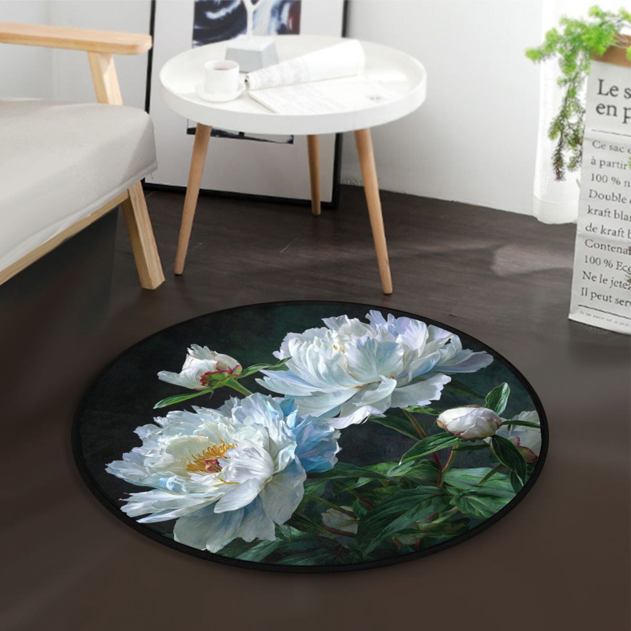 36.2 Inch Round Floor Mat White Peony Flower Carpet Decor Rug for ...