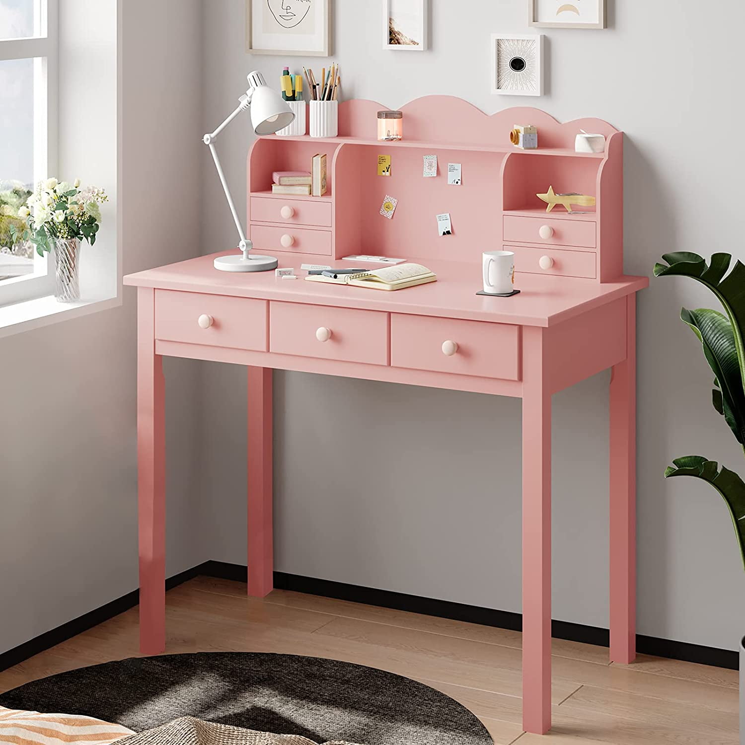 36.2 inch Pink Writing Desk with Drawers, Study Desk with Hutch,Girls ...
