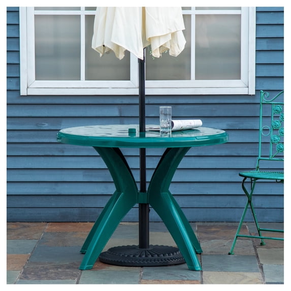 36.25" Round Plastic Patio Table with Umbrella Hole, Outdoor Dining ...