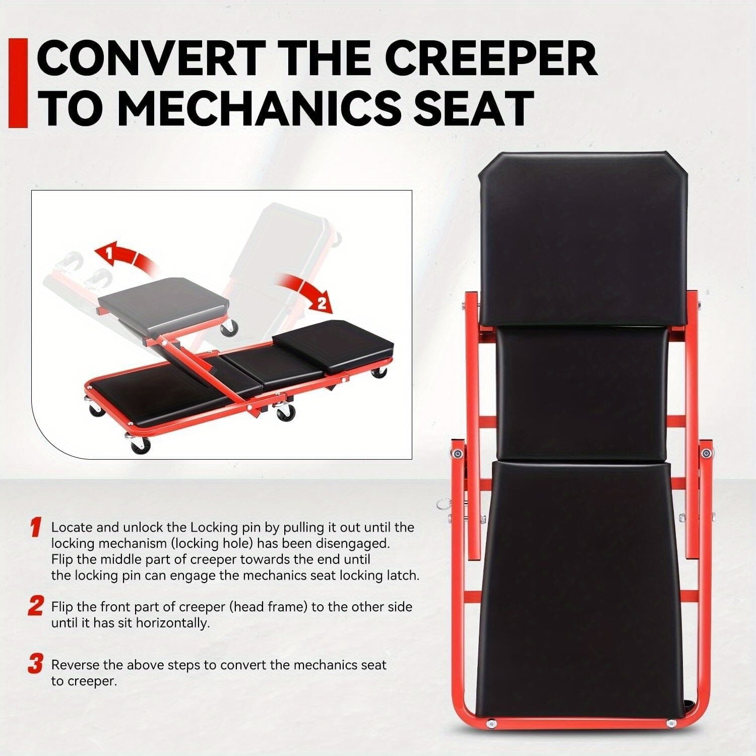36/40" Heavy Duty Z-Creeper Seat - 2-in-1 Adjustable Rolling Mechanic ...