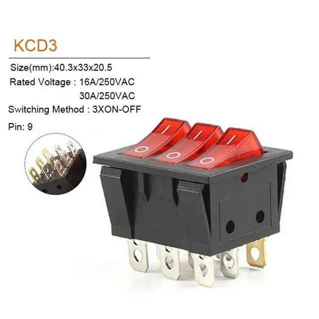 36.5*31mm On/Off/On Rocker Switch KCD8 3 Way 9 Pin Snap 250V16A Power ...