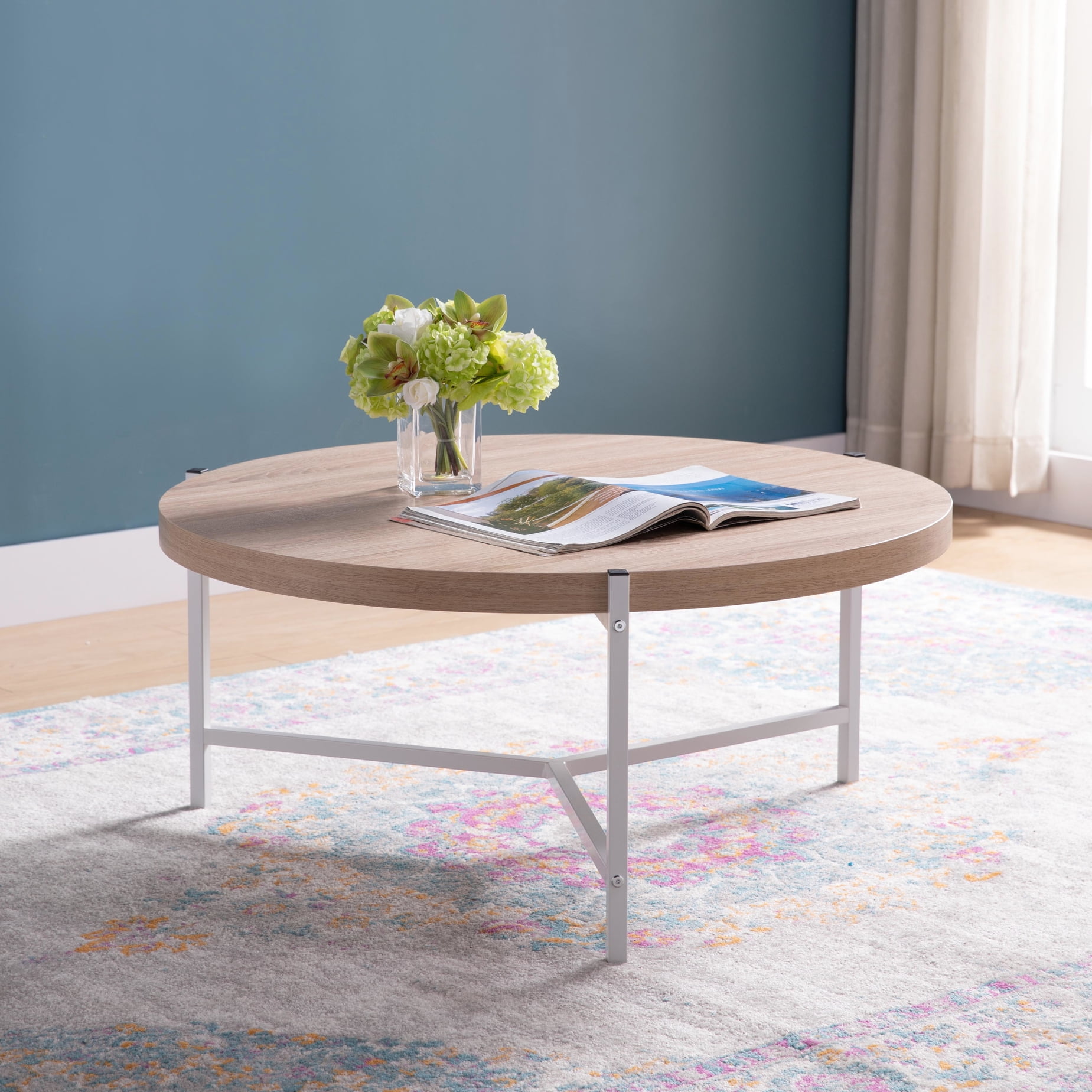 36.5" Round Coffee Table, Metal Legs White, Weathered White & Finish ...