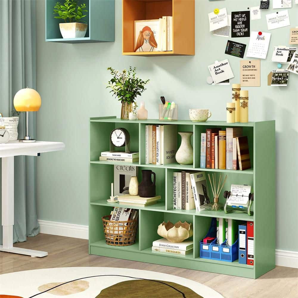 36.5 in. Tall Green 8 Cube 3-Tier Open Wood Bookcase Toy Storage ...