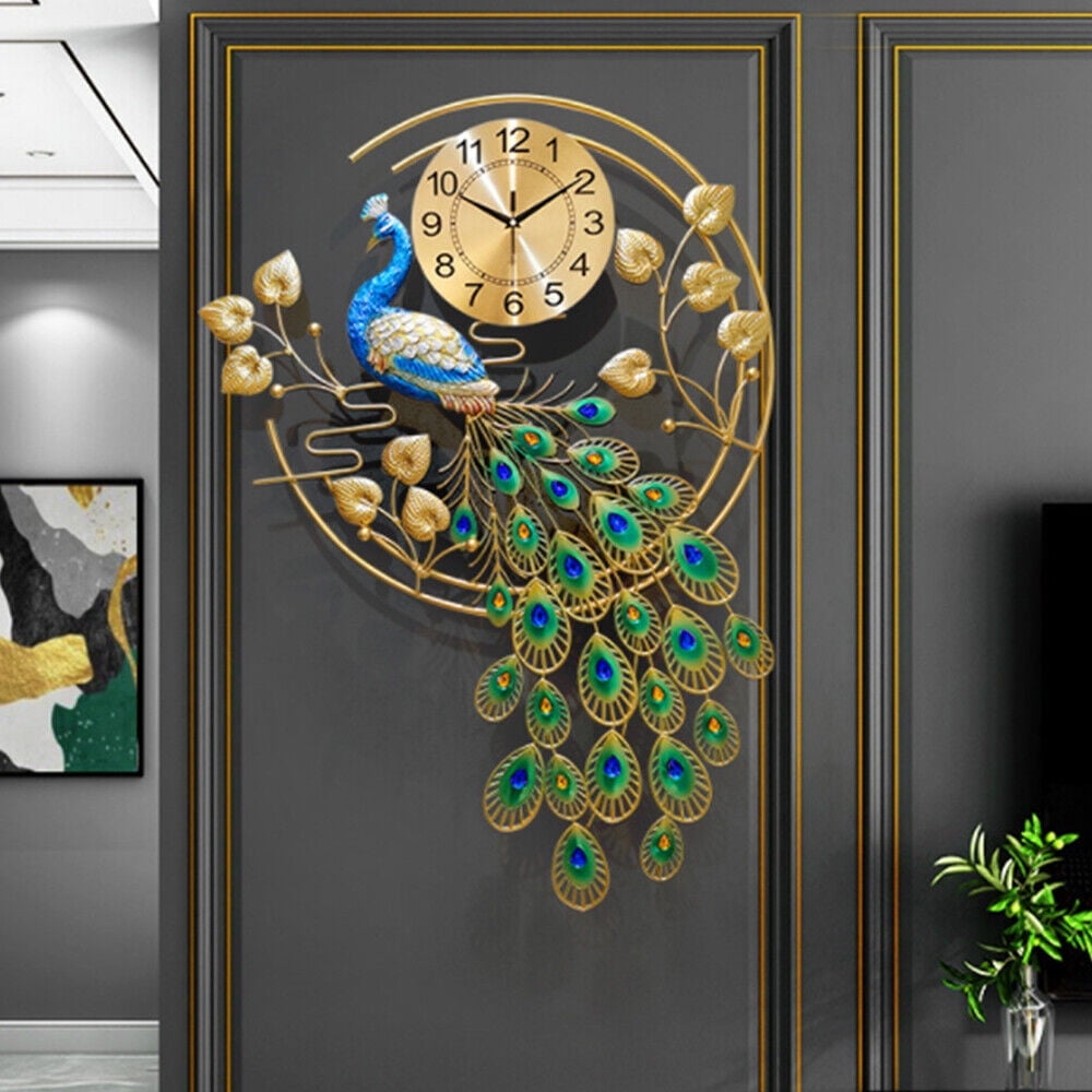 36.6" Luxury Peacock Large Wall Clock 3D Metal Living Room Wall Watch ...