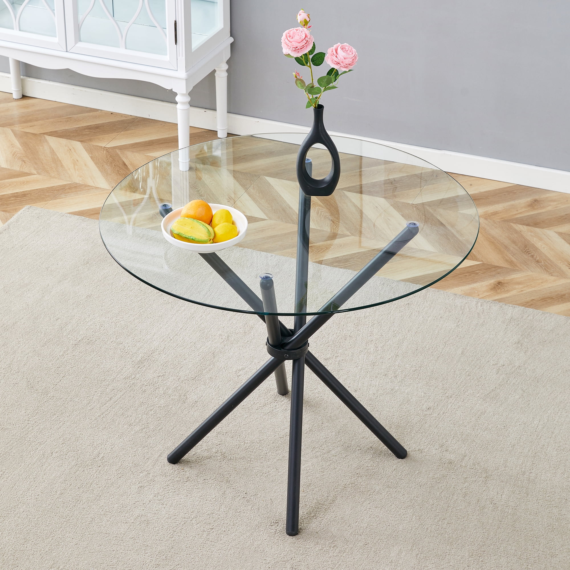 36.6" Round Tempered Glass Table - Black Metal Legs, Clear Top, Dining ...