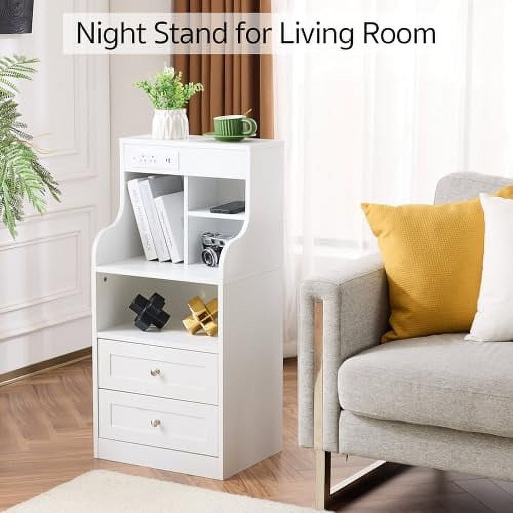 36.6" Tall LED Nightstand with Charging Station, Smart Wood Bedside ...