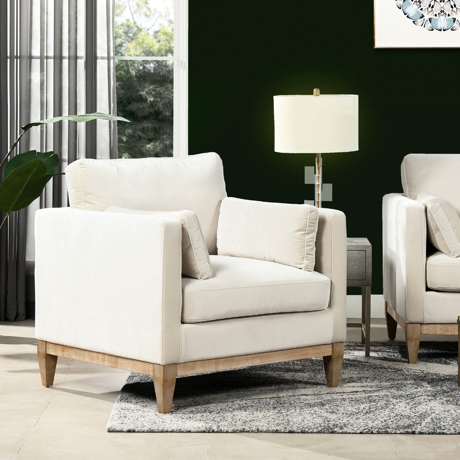 36" Arm Chair, Beige Velvet Upholstery, Foam, Removable Back Cushions ...