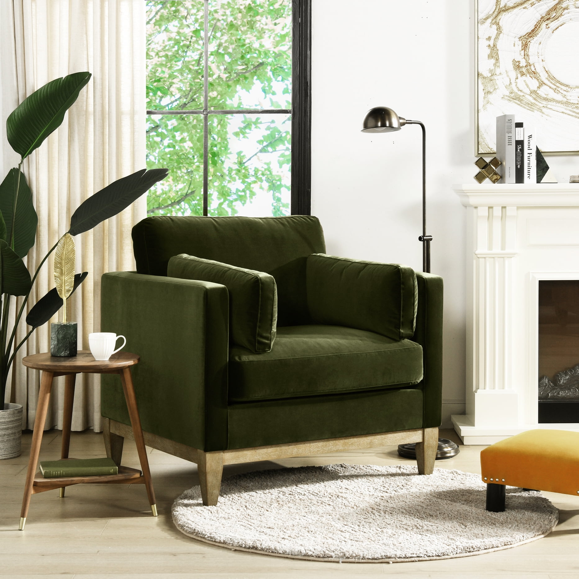 36" Arm Chair In Velvet, Olive , High Foam Fill, Removable Cushions ...