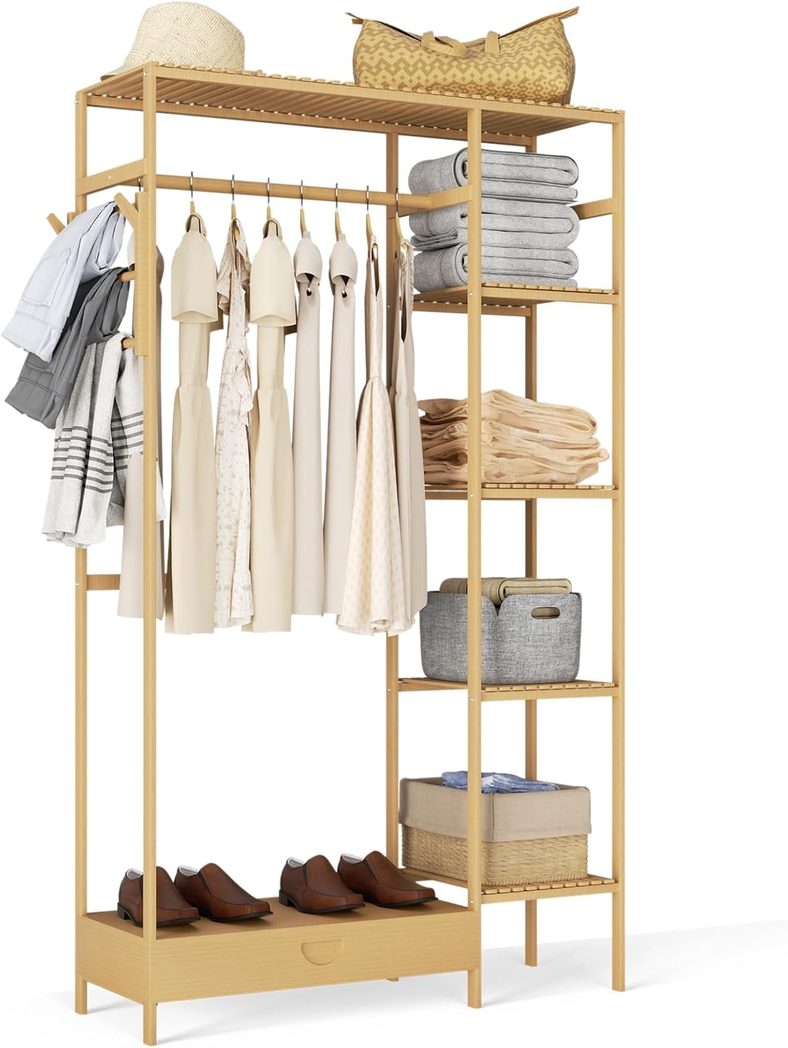 36" Bamboo Garment Rack Multi Tier Clothes Rack Storage Shelves with ...
