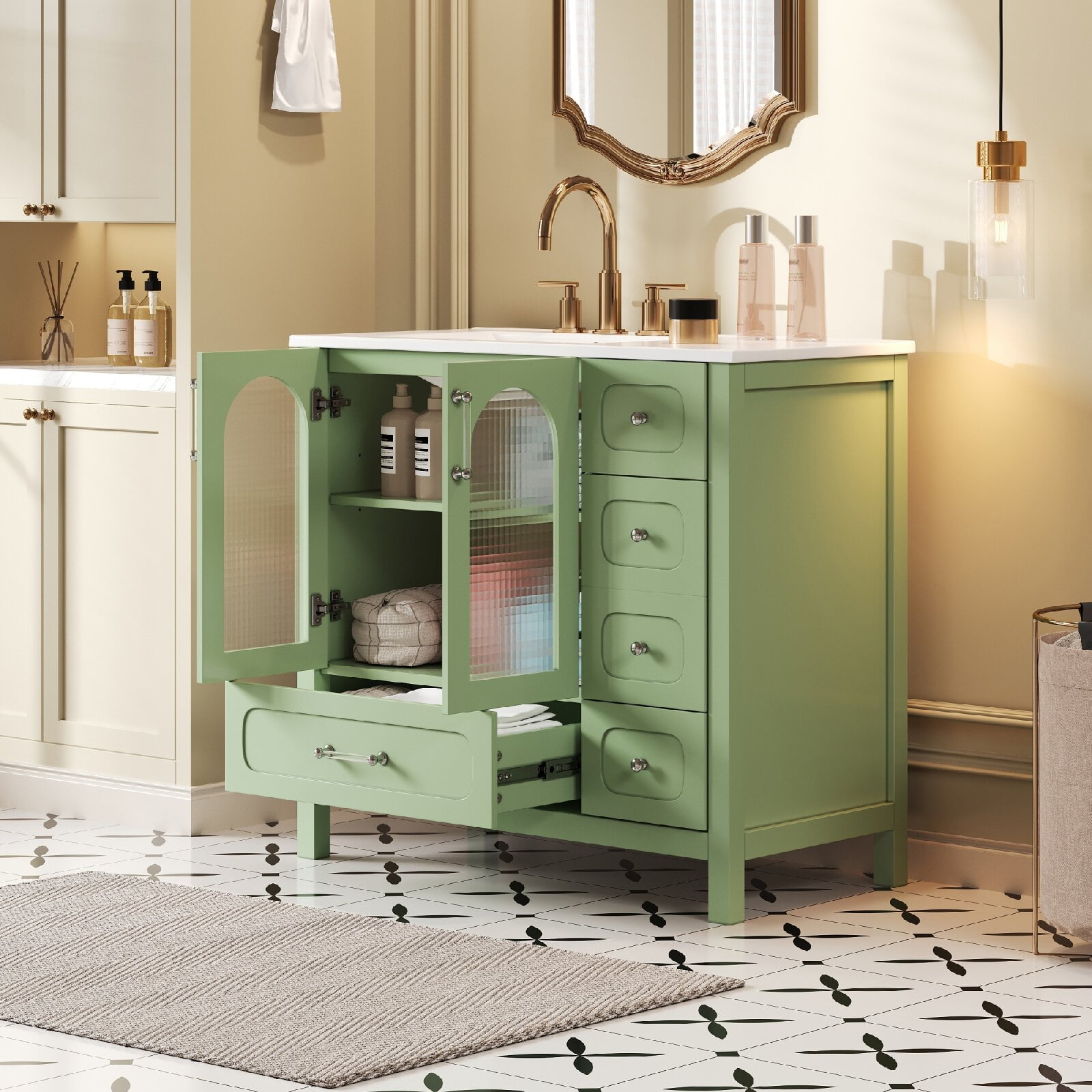 36" Bathroom Cabinet with Waffle Texture Doors, Bathroom Vanity with 4 ...
