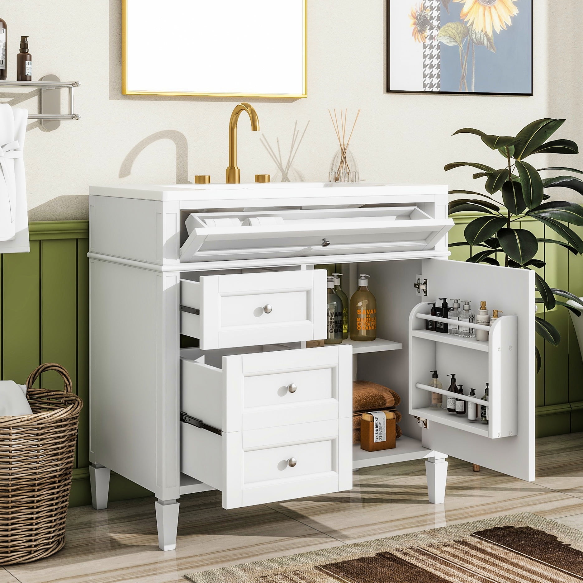 36'' Bathroom Sink Vanity, 2 Drawers And Tip-out Drawer, Spacious ...