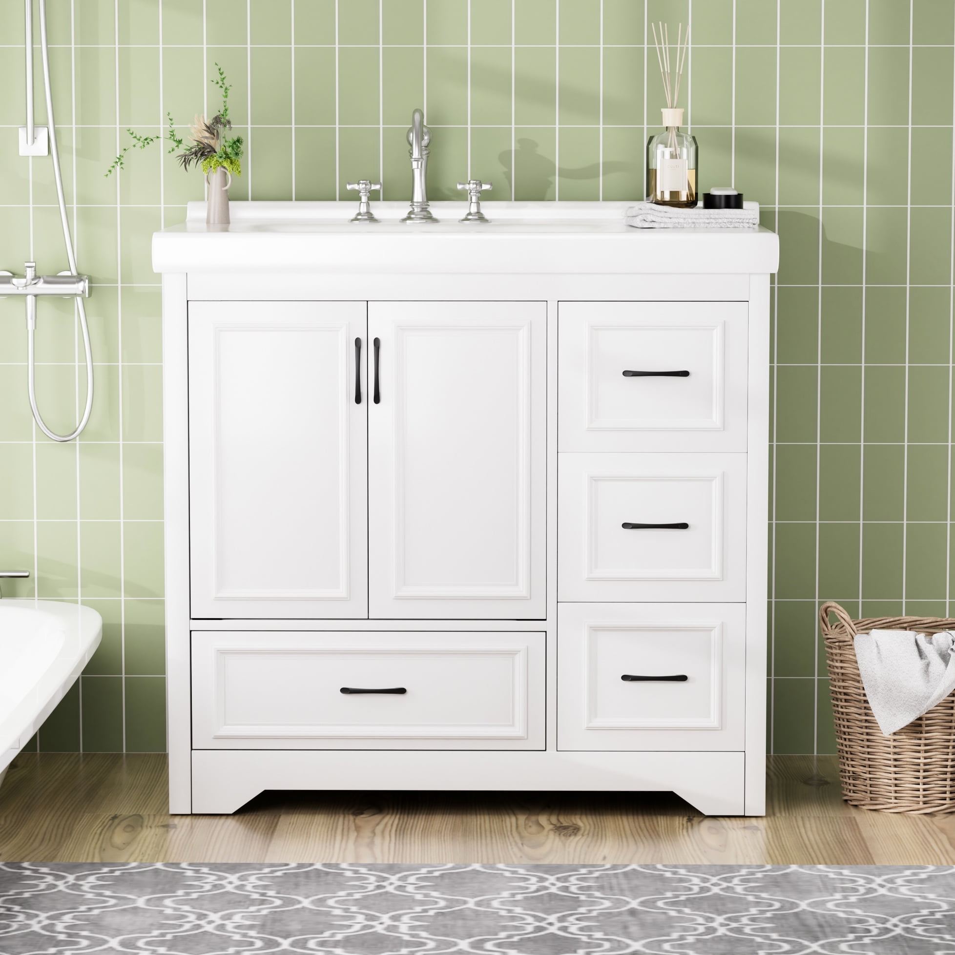 36" Bathroom Vanity Cabinet With Sink - Modern White 2 Doors And 4 ...