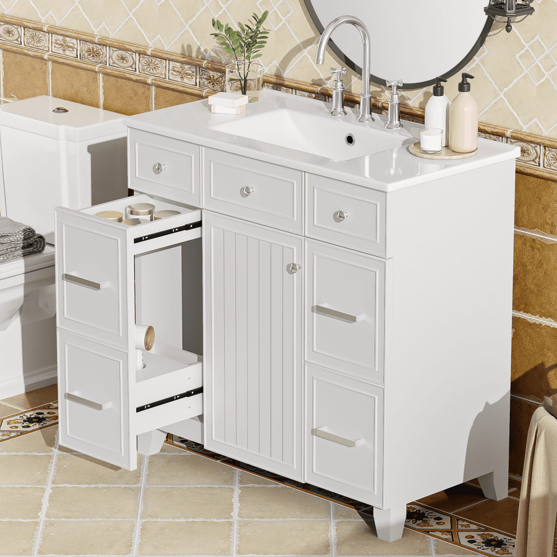 36" Bathroom Vanity with Ceramic Sink, Bathroom Storage Cabinet with 3 ...