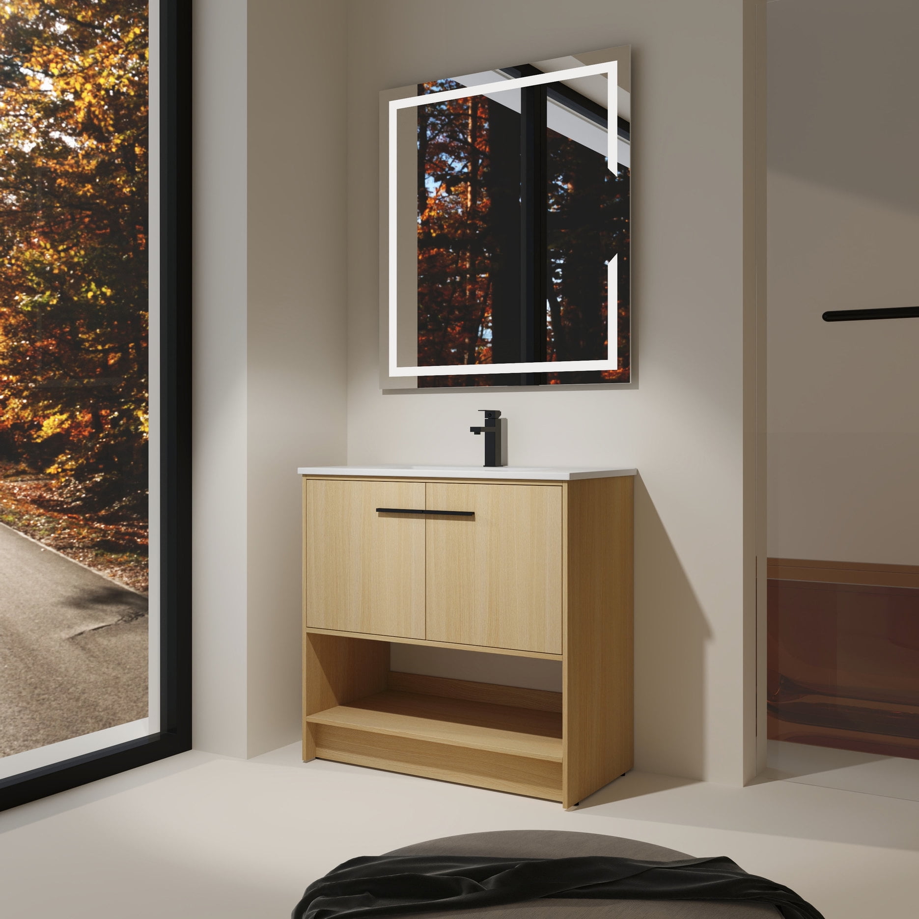 36" Bathroom Vanity - Ceramic Sink, Freestanding, Plywood, Open Storage ...