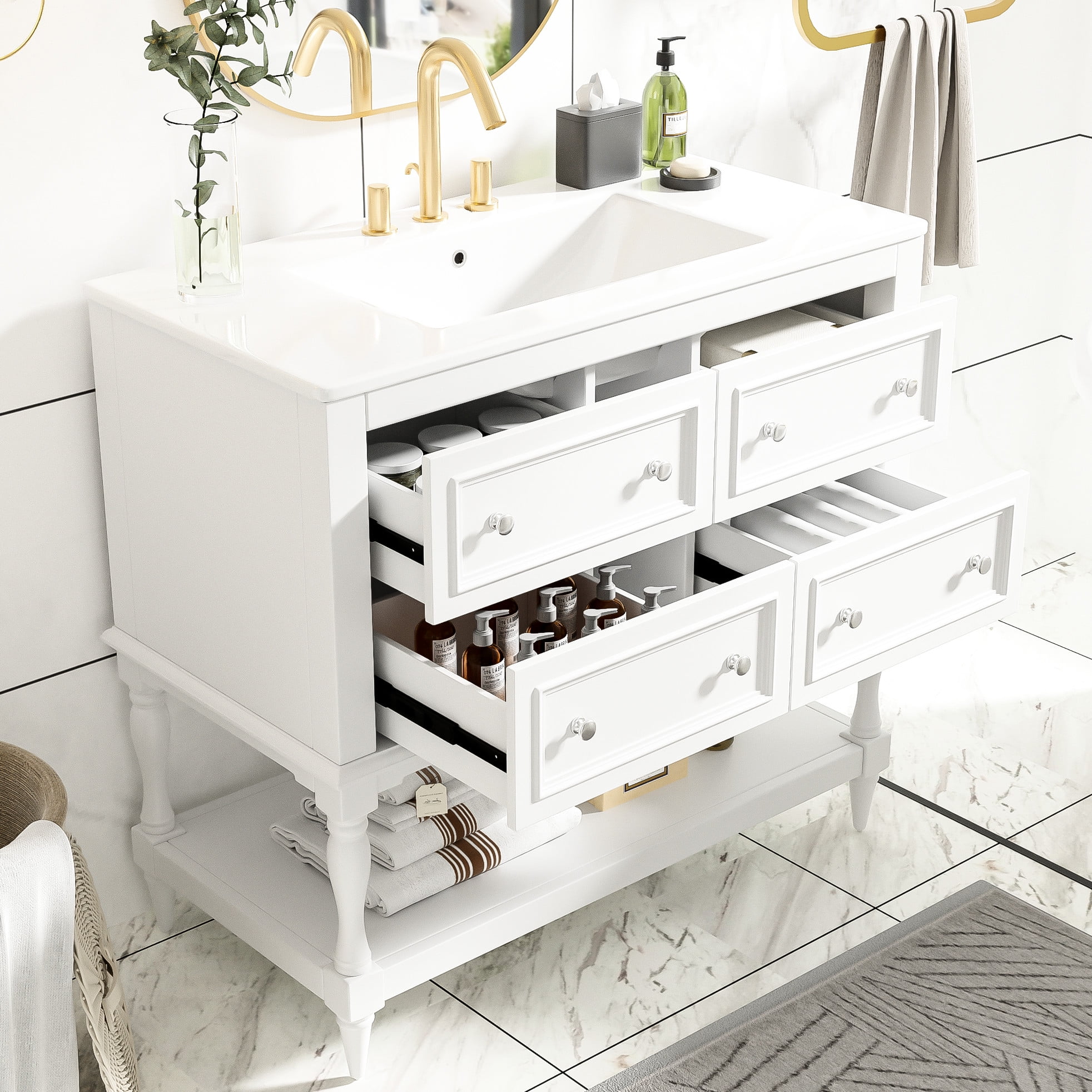 36" Bathroom Vanity With Ceramic Sink - White, Solid Wood, 4 Drawers ...