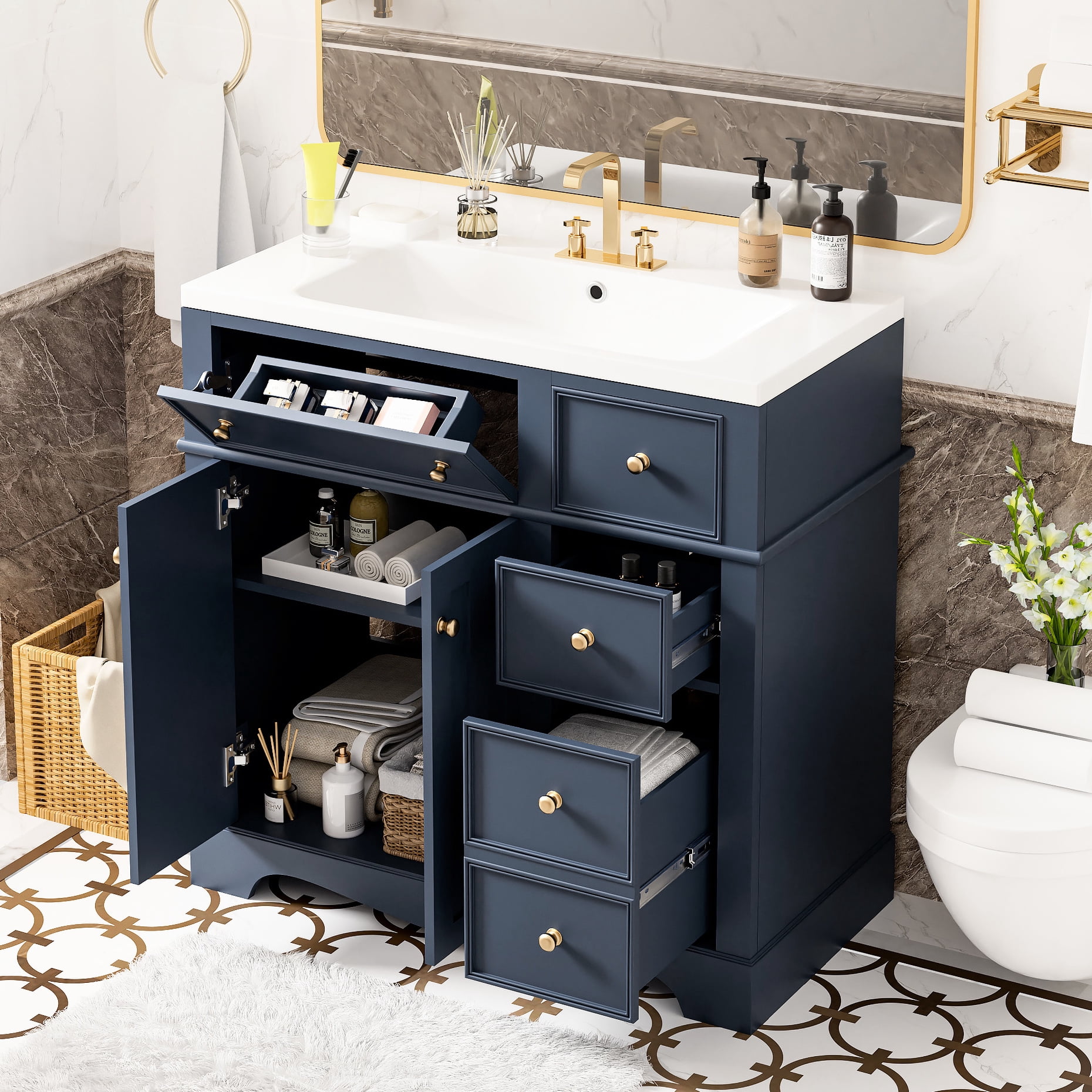 36" Bathroom Vanity In Blue Tone - Resin Sink & Solid Wood Frame ...