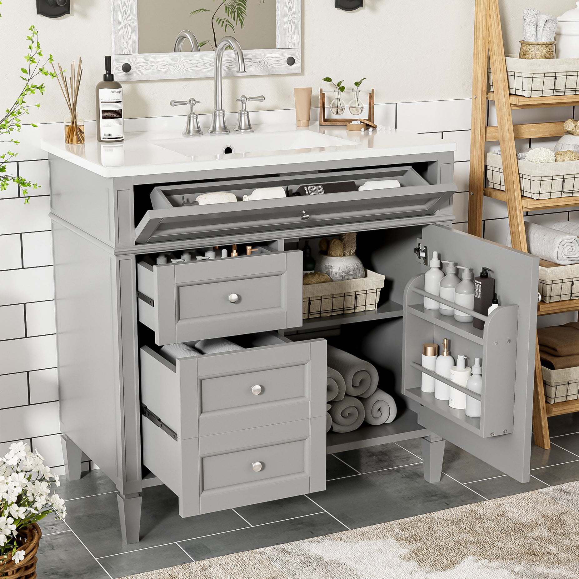 36'' Bathroom Vanity with Single Sink | Offers Diverse Storage ...