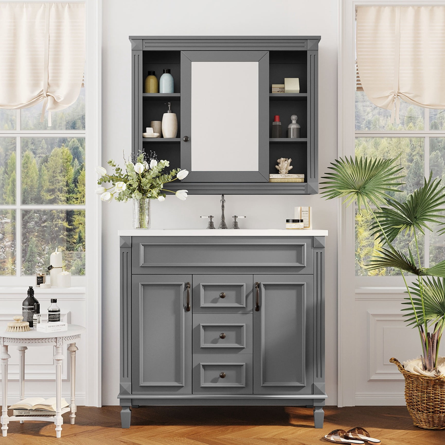 36'' Bathroom Vanity with Sink and Mirror Cabinet, Modern Bathroom ...