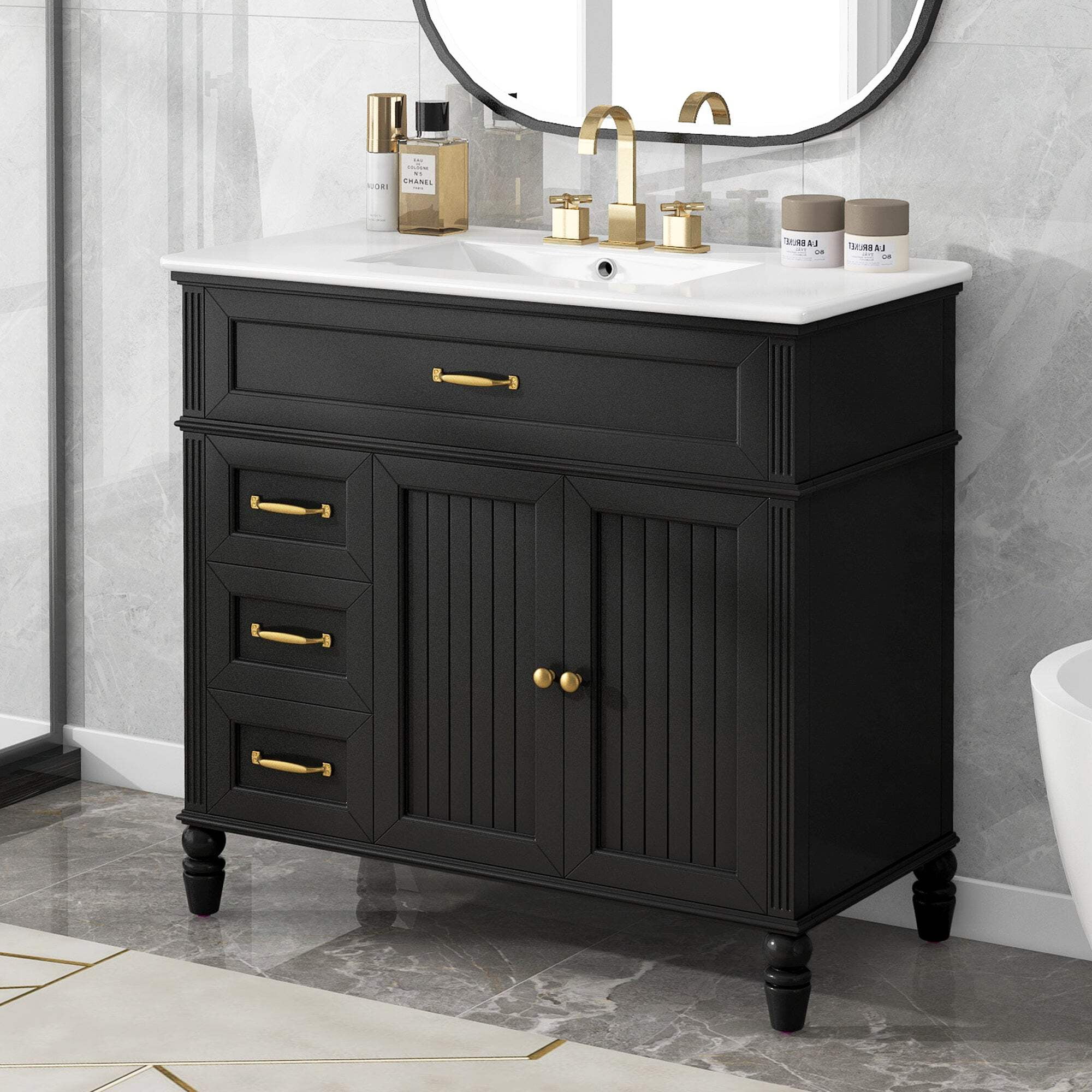 36" Bathroom Vanity With Sink, Black Bathroom Cabinet With Drawers ...