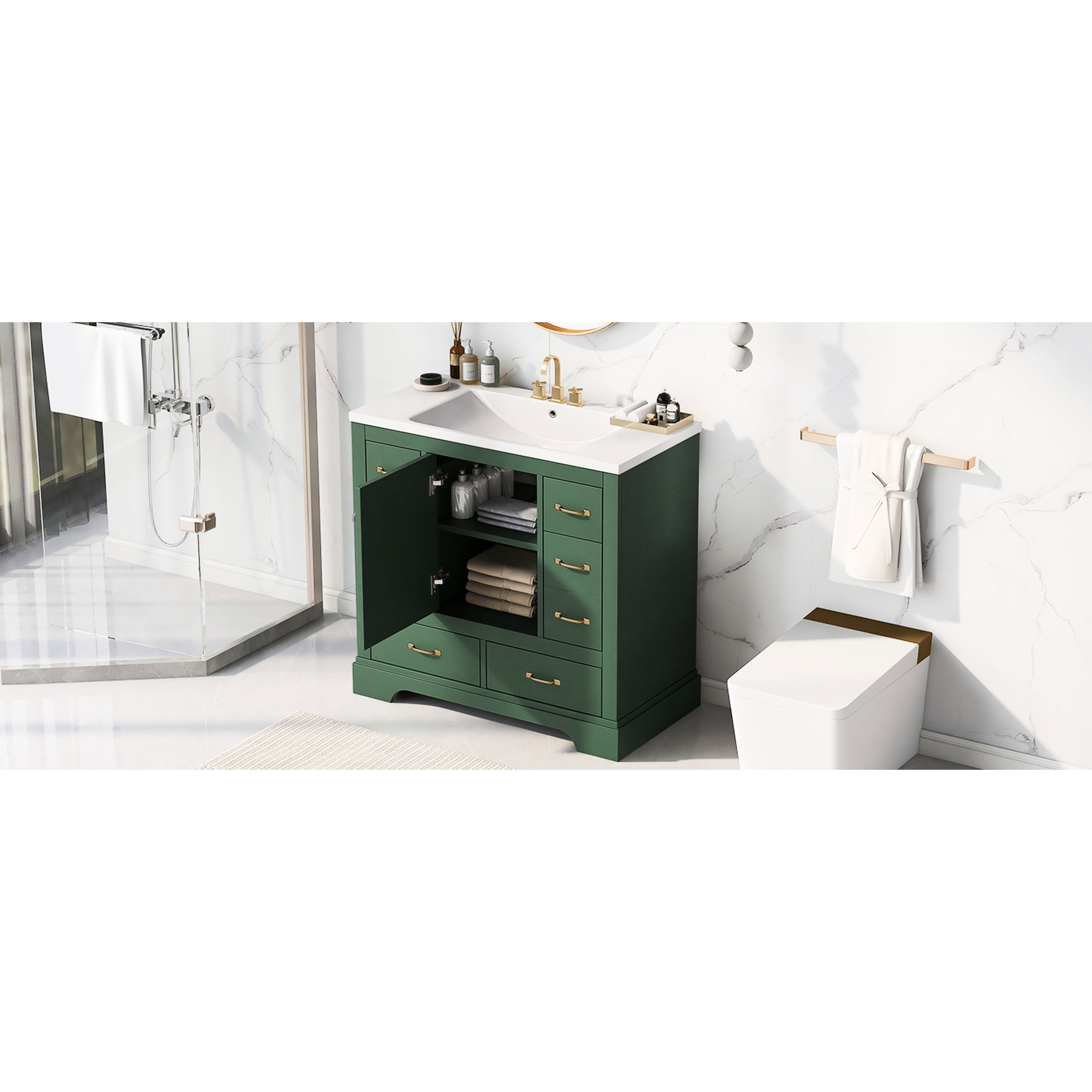 36" Bathroom Vanity With Sink - Solid Wood & , 6 Drawers, Adjustable ...