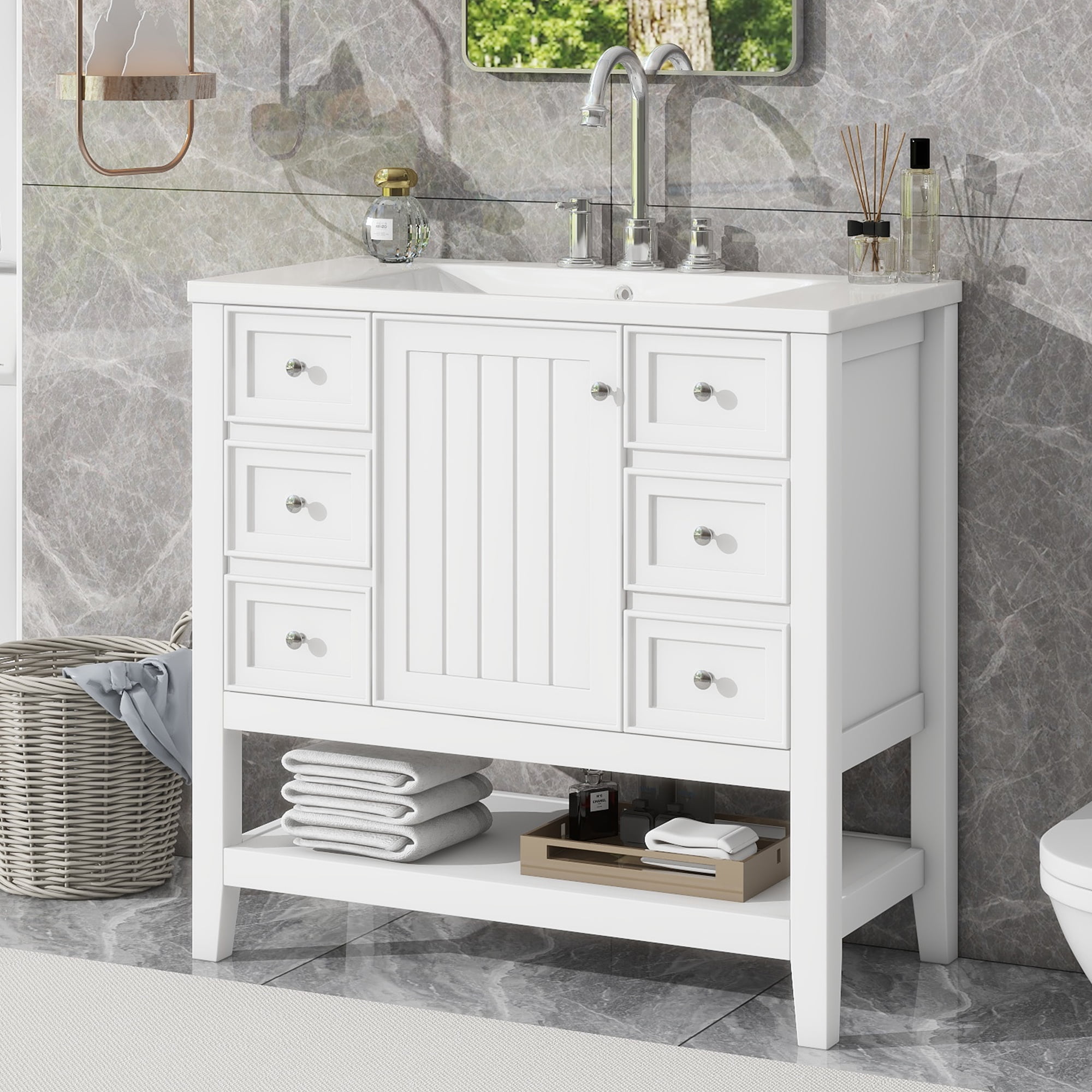 36'' Bathroom Vanity With Top Sink Door 6 Drawers Open Shelves ...