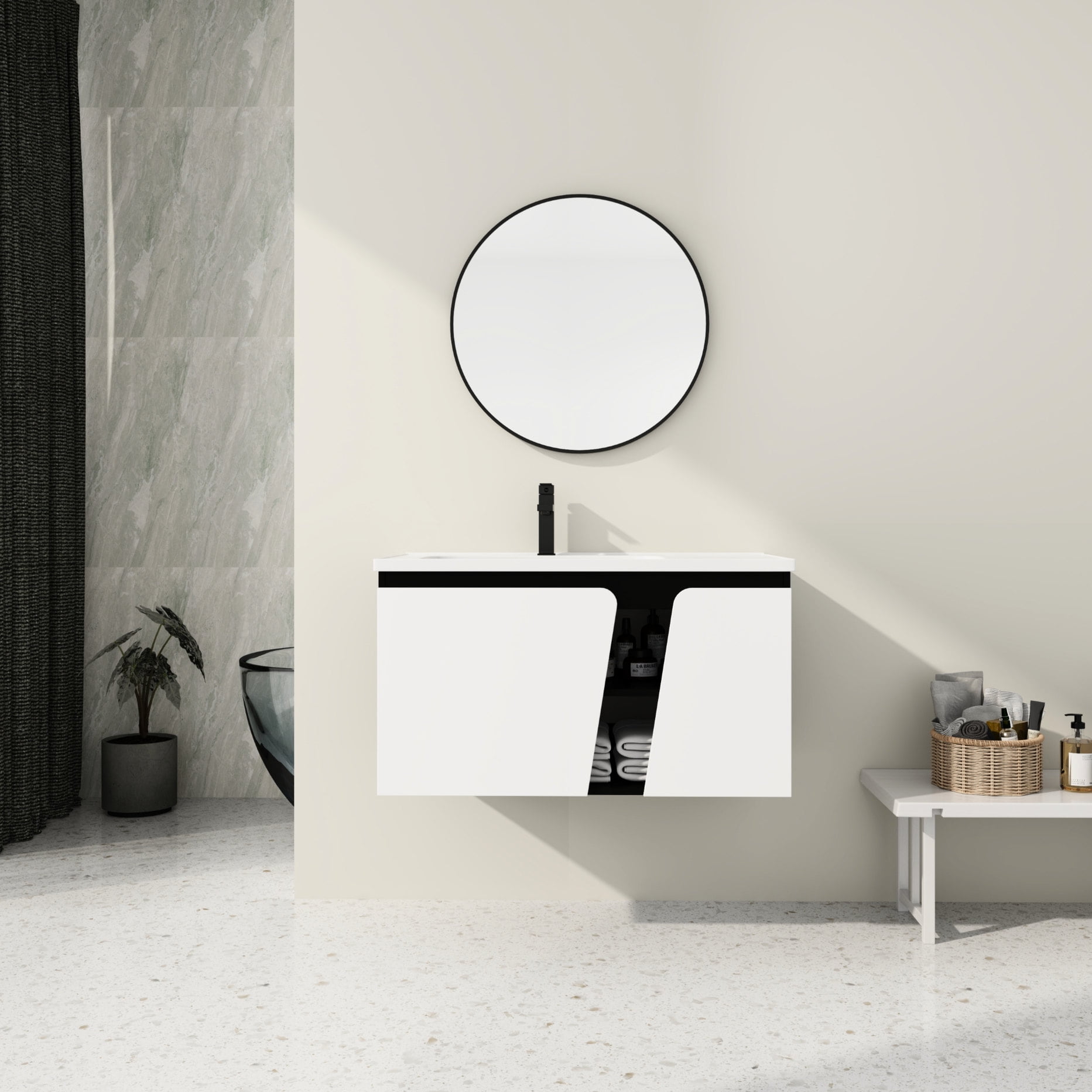 36'' Bathroom Vanity with Ceramic Basin, Wall Mounted, Modern Style ...