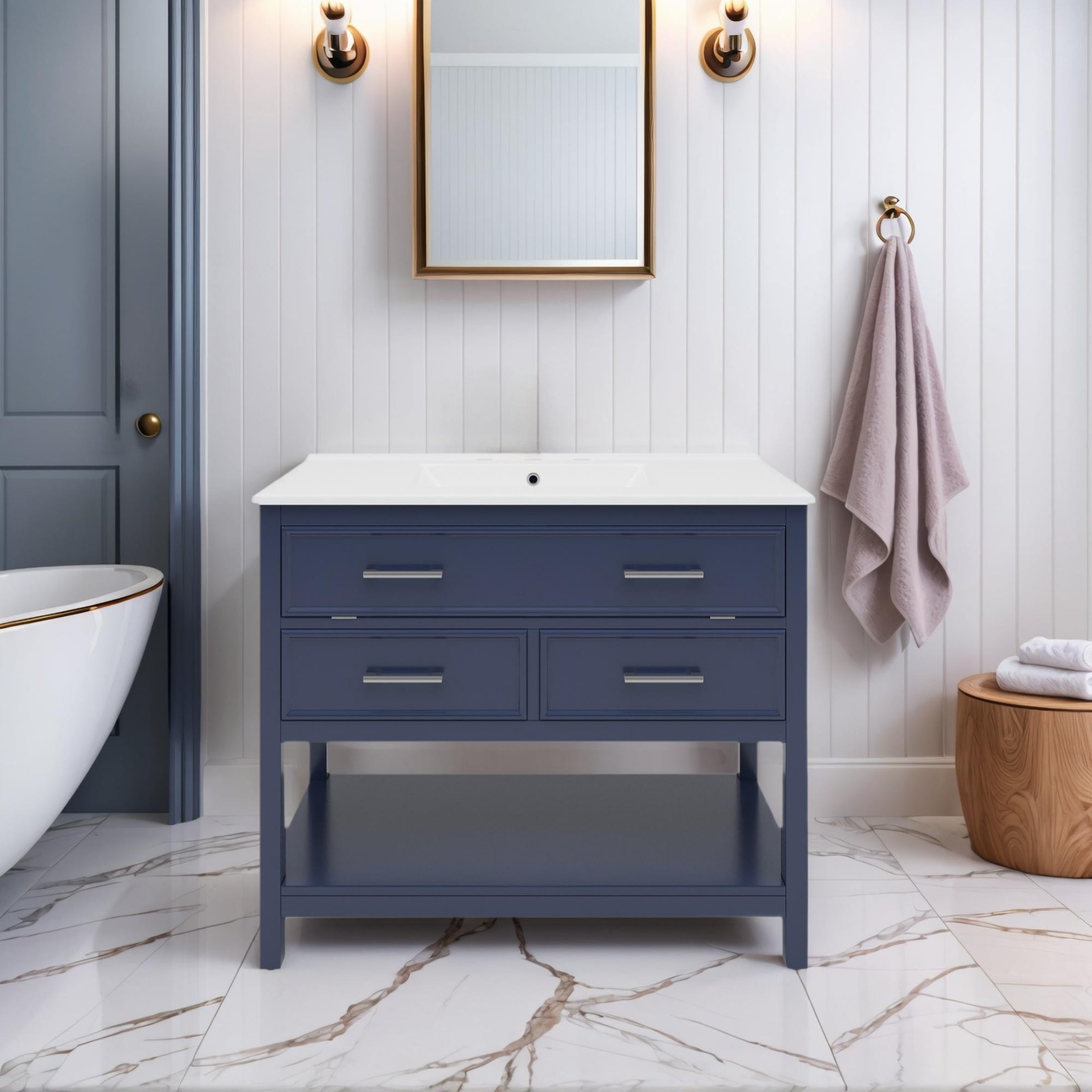 36" Bathroom Vanity with Ceramic Sink, Bathroom Cabinet with ip-Out Tray, 2 Full-Extension ...