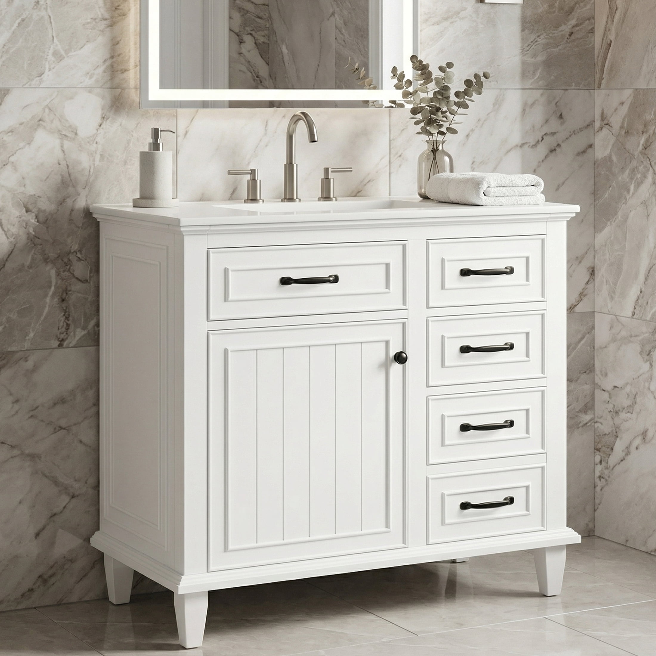 36" Bathroom Vanity with Ceramic Sink, Poplar Wood Vanity Cabinet with Flip Drawers, Adjustable ...