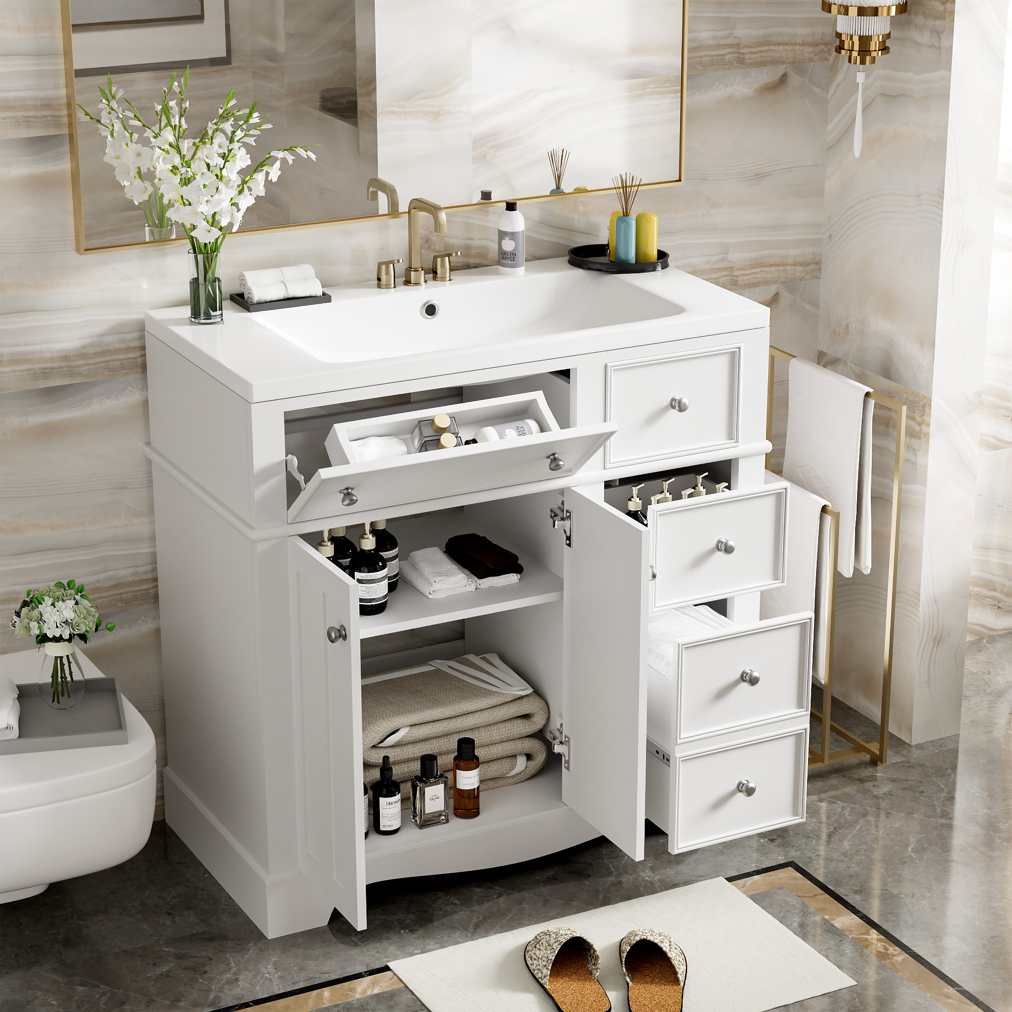 36'' Bathroom Vanity with Resin Sink Combo, Solid Wood Frame Bathroom ...