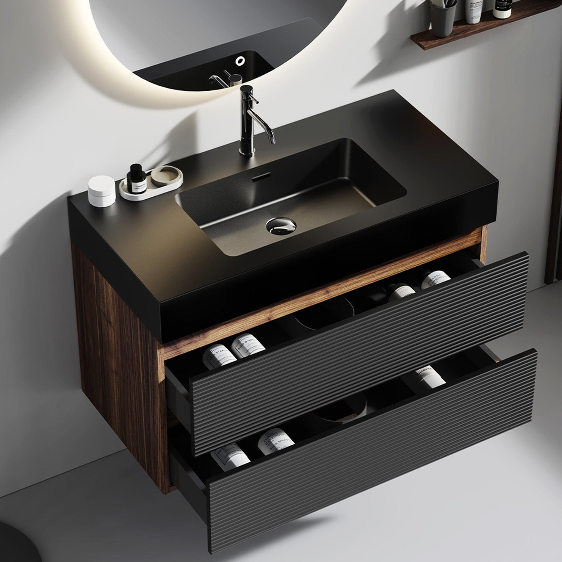 36" Bathroom Vanity with Silent Soft-Closing Drawers, Walnut and Black ...