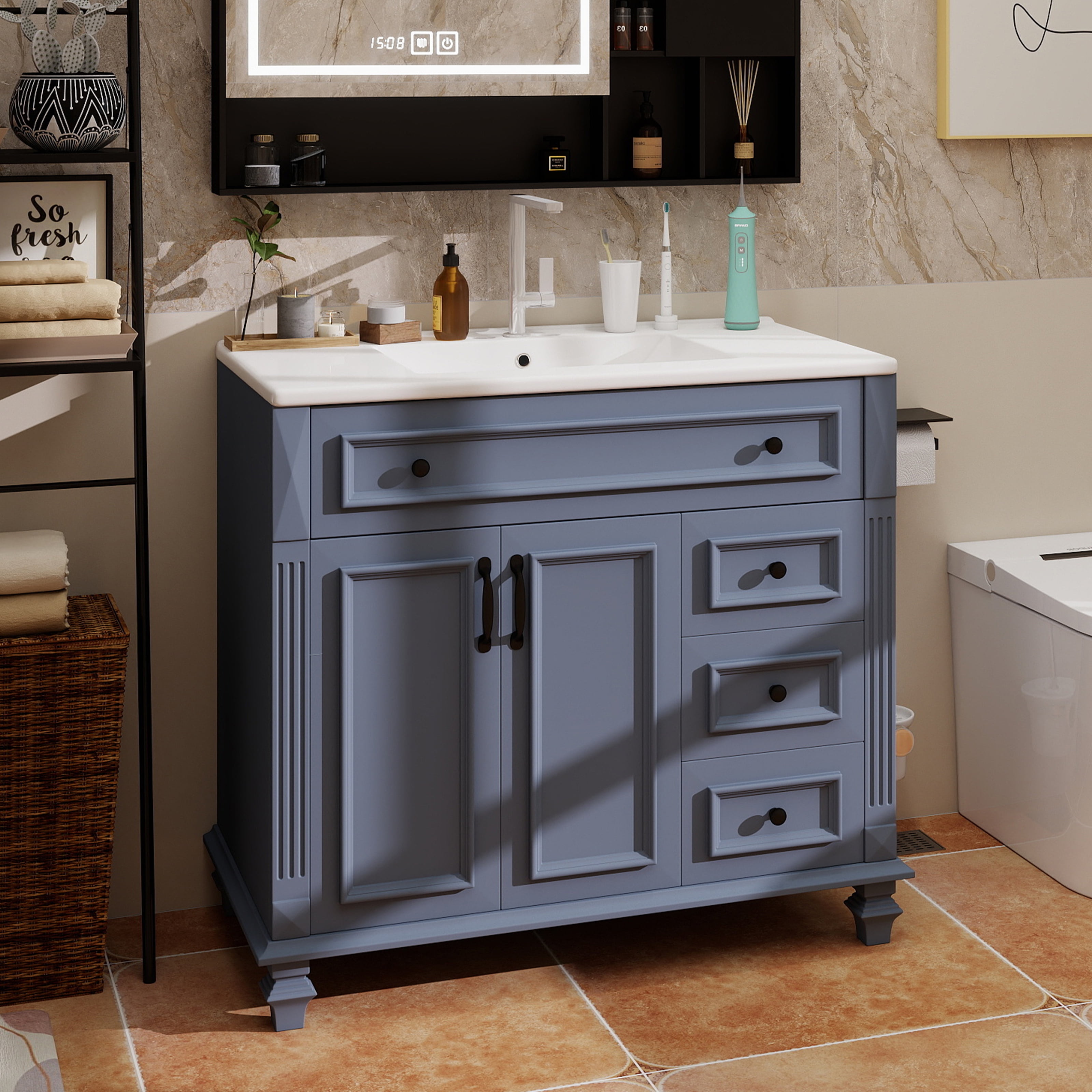 36" Bathroom Vanity with Sink, Blue Grey Vanity Cabinet with Flip-Out ...