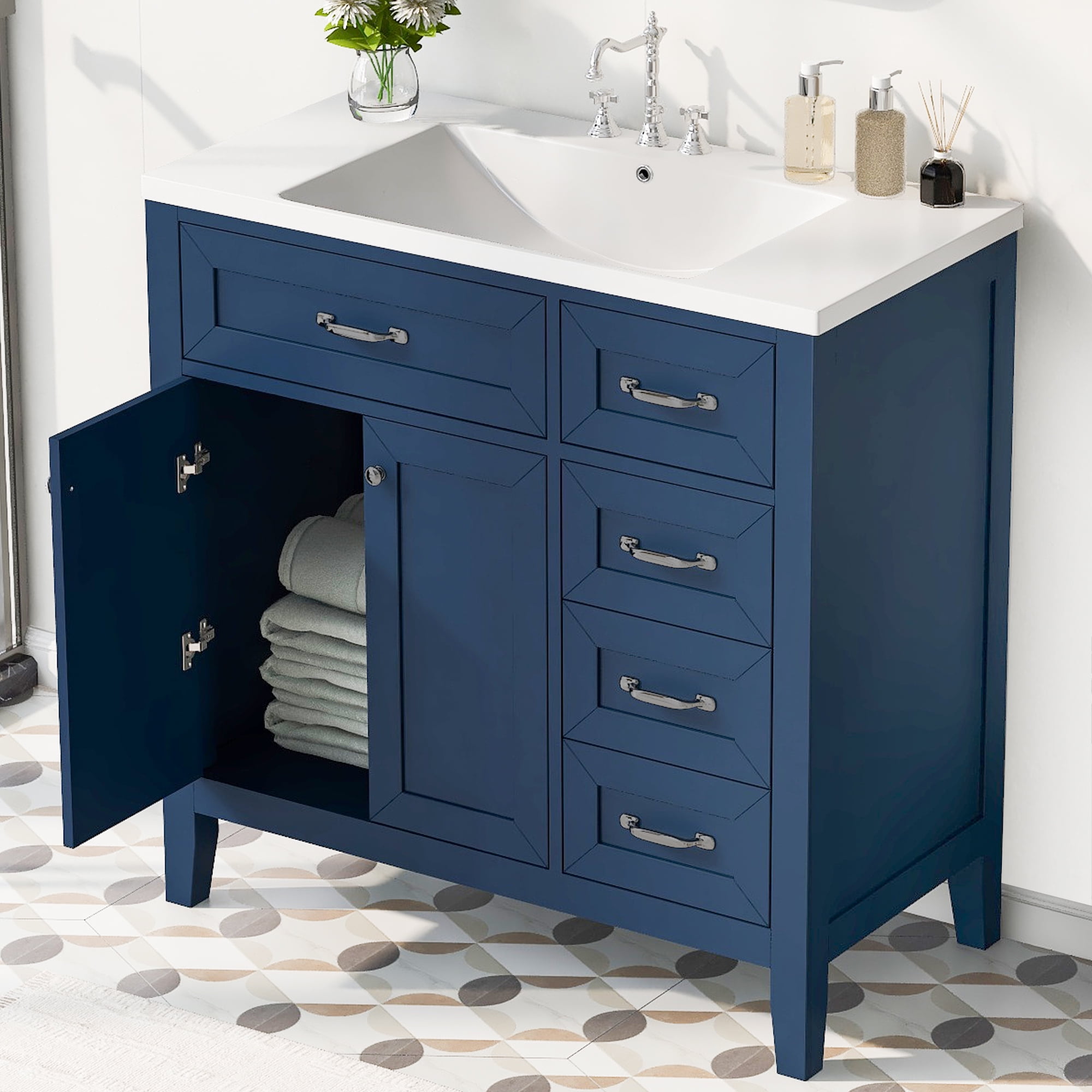 36" Bathroom Vanity with Sink Combo, Blue Bathroom Cabinet with Drawers ...