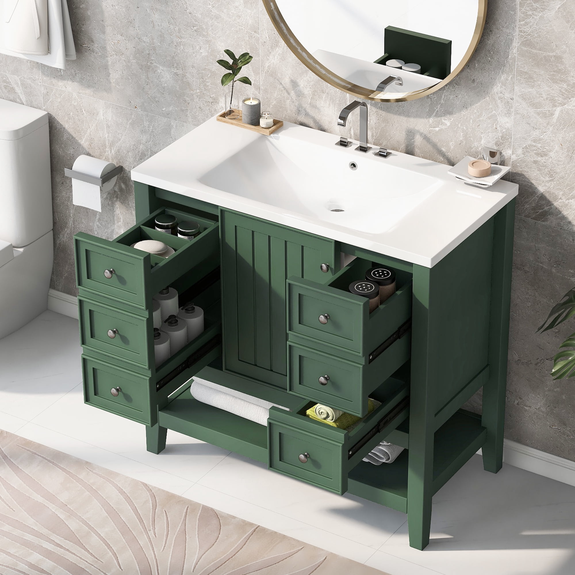 36" Bathroom Vanity with Sink One Cabinet and Three Drawers Solid Wood ...