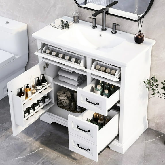 36" Bathroom Vanity with Sink / Rubber Wood, MDF, Ceramic Construction ...