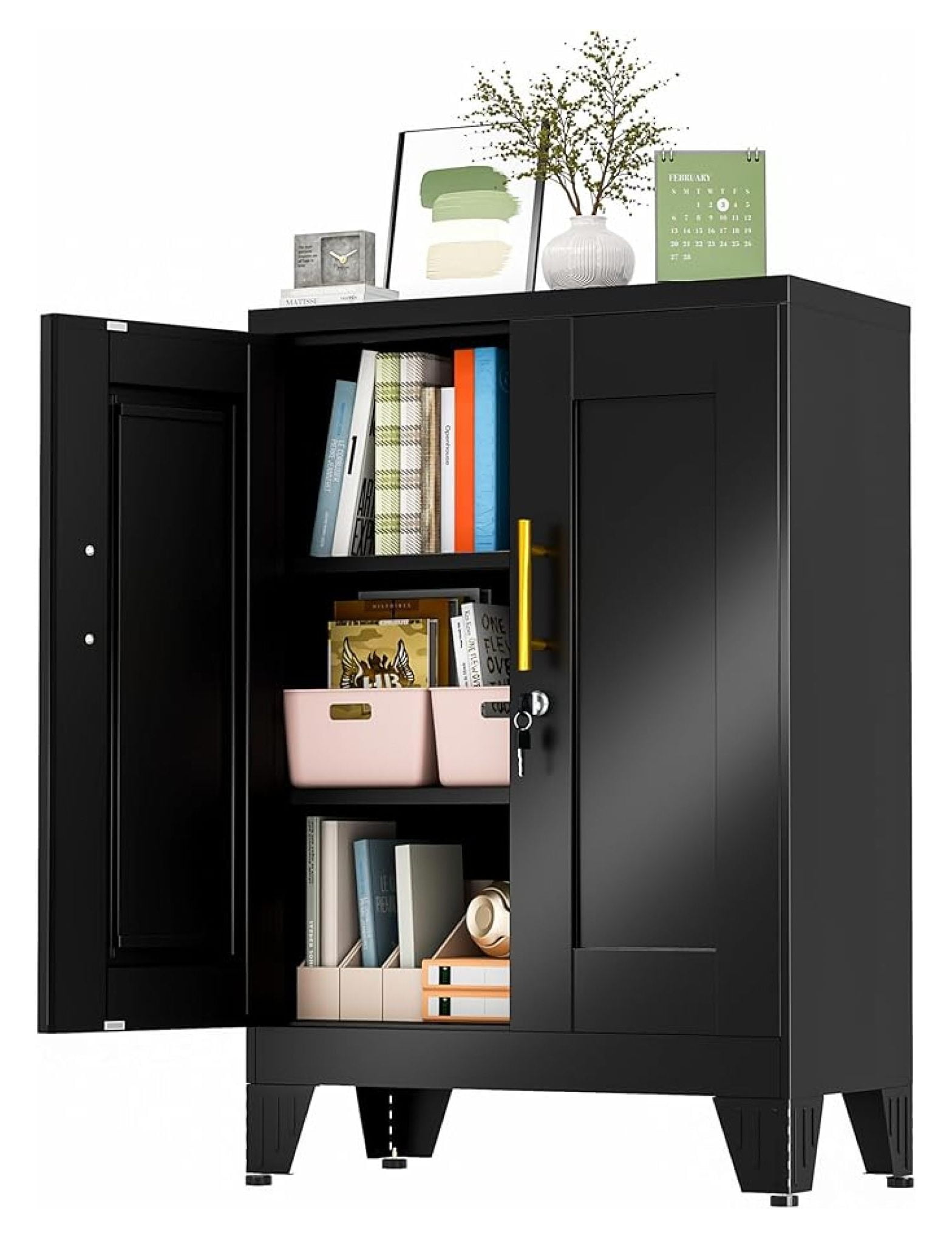 36" Black Metal Storage Cabinet with Lock, Locking Cabinet with 2 Doors ...