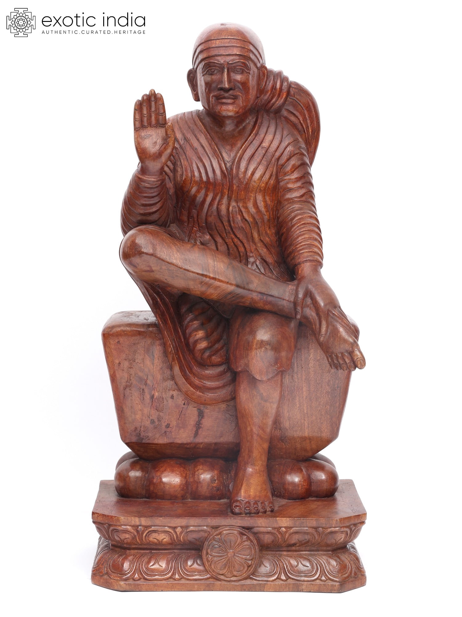 36" Blessing Sai Baba Wood Carving - Universal Spiritual Master Statue ...
