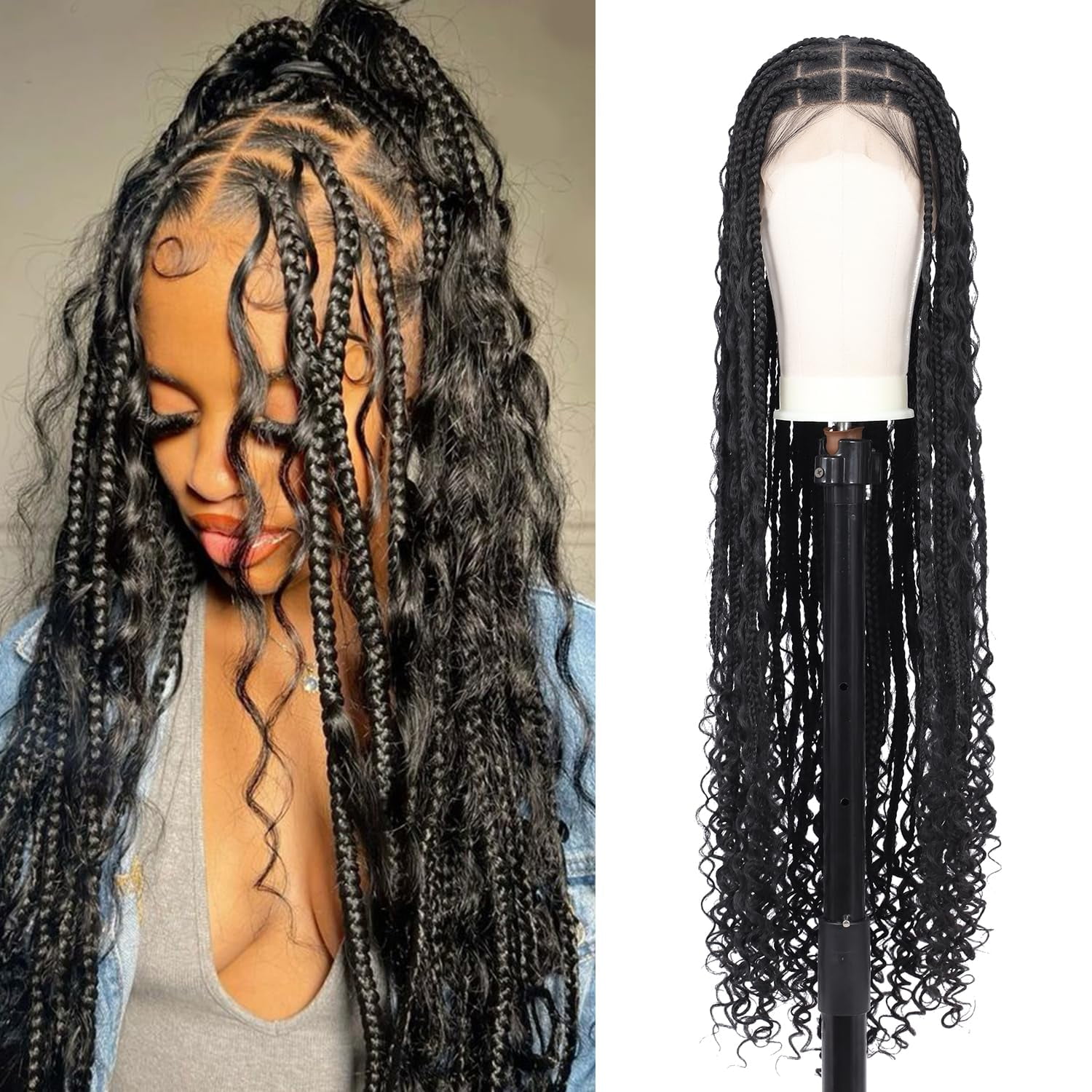 36" Boho Braided Wigs for Women Square Knotless Box Braid Wig with Boho ...
